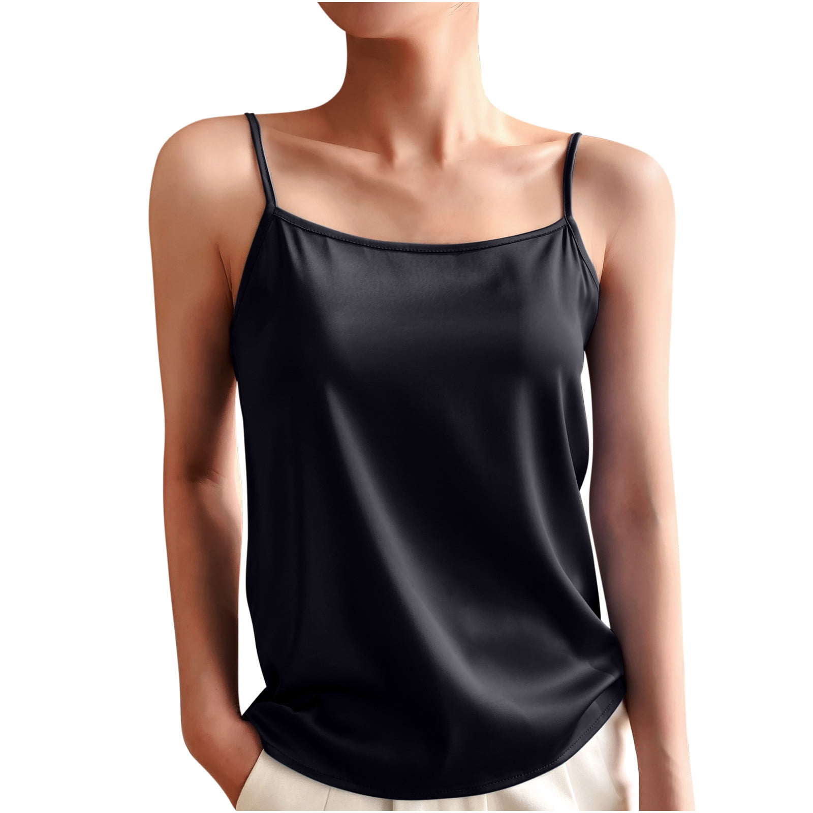 BLVB Satin Camisole for Women Spaghetti Straps Silk Tank Top Sleeveless Square Neck Summer ...
