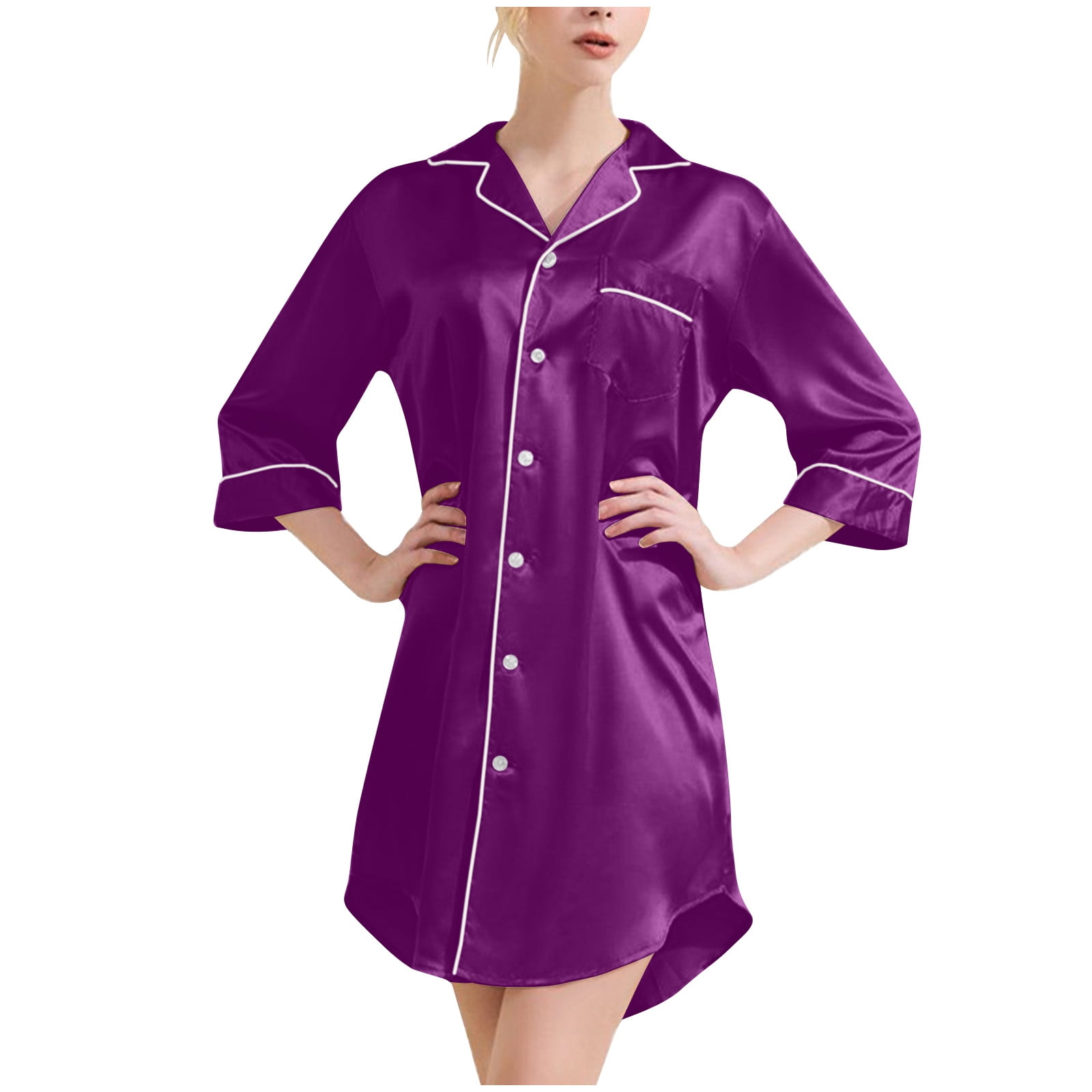 BLVB Satin Nightgown for Women Button down Sleep Shirt 3/4 Sleeve ...