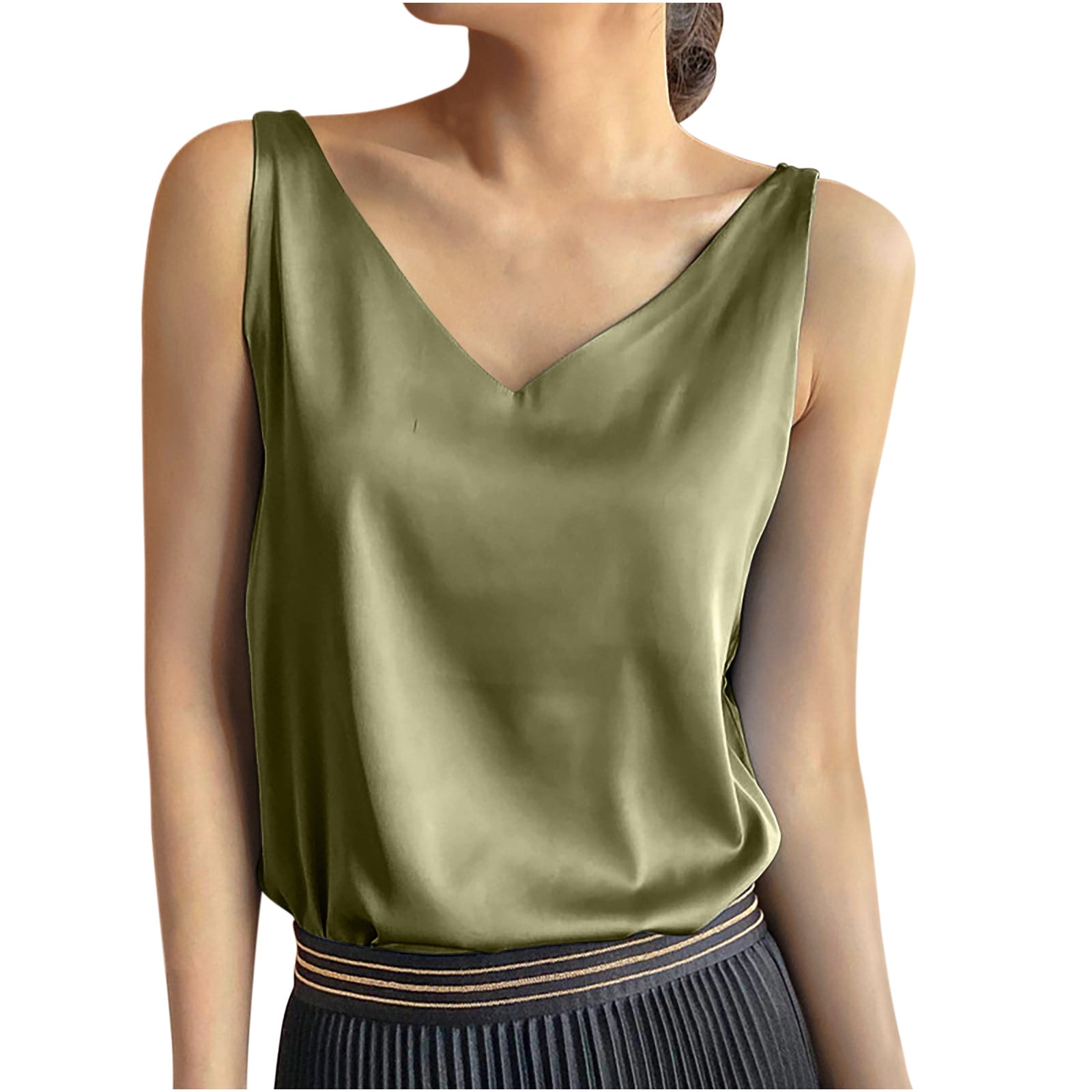 BLVB Satin Tank Tops for Women Loose Sleeveless V Neck Cami Camisole Blouses Shirt Top Casual ...