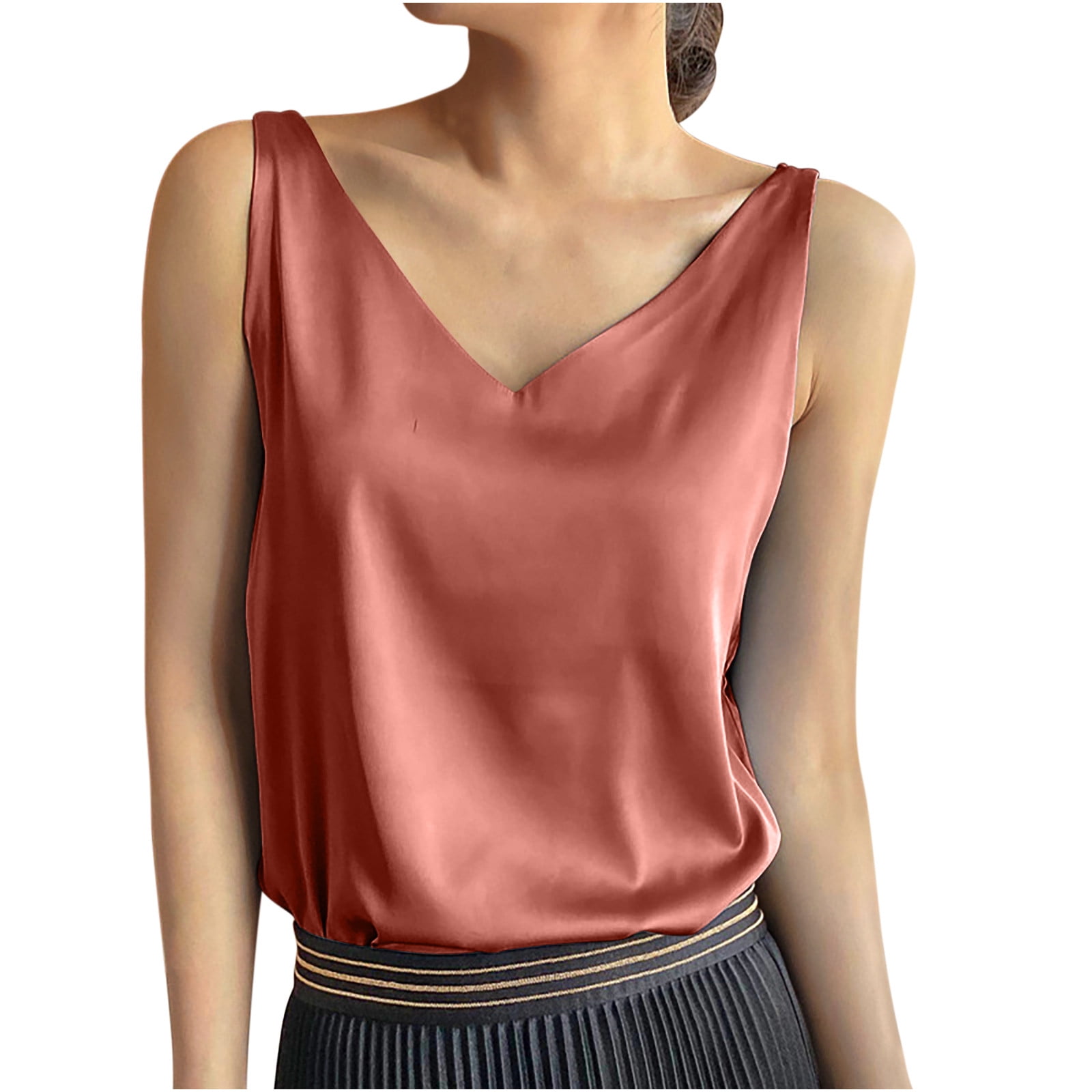 BLVB Satin Tank Tops for Women Loose Sleeveless V Neck Cami Camisole ...