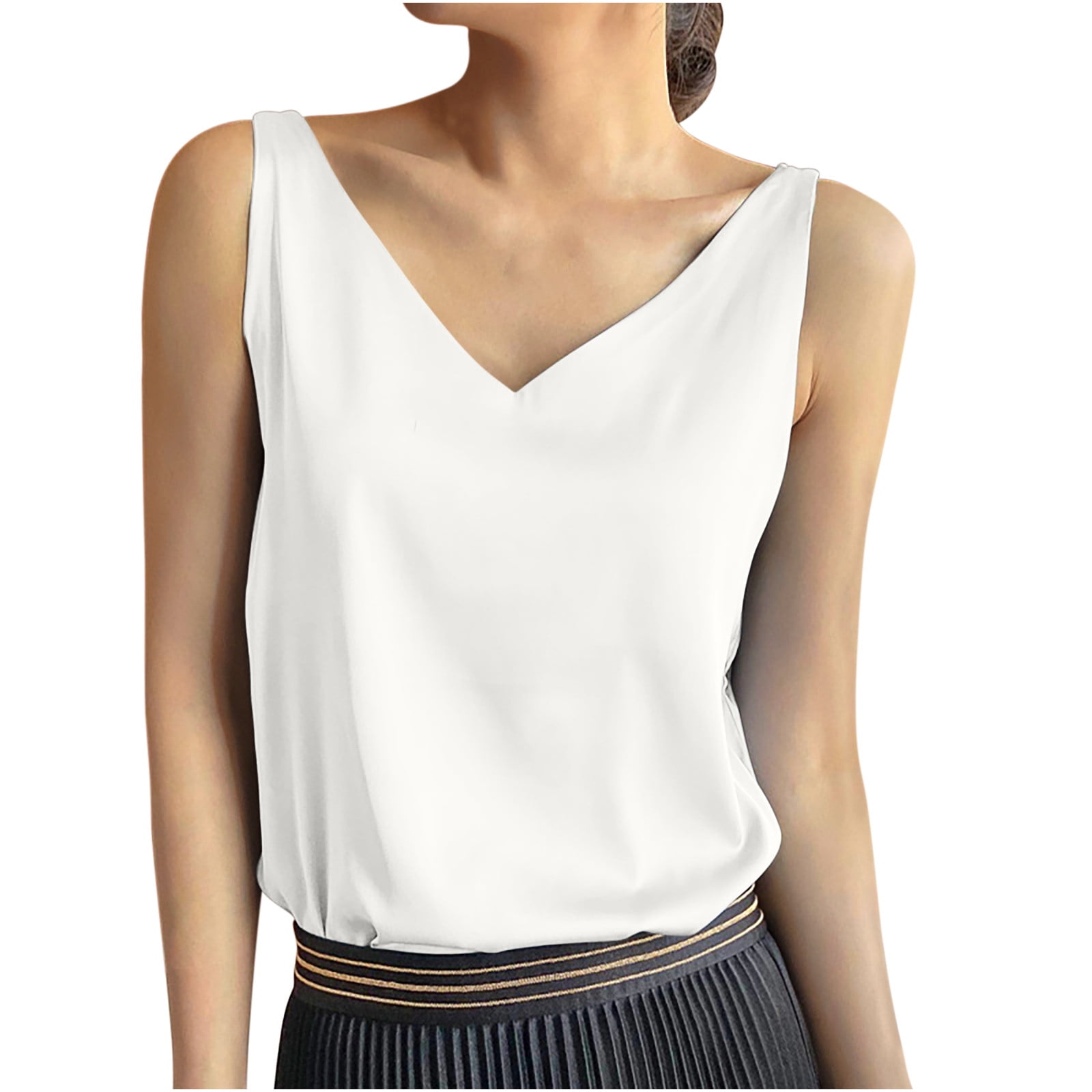 BLVB Satin Tank Tops for Women Loose Sleeveless V Neck Cami Camisole Blouses Shirt Top Casual ...