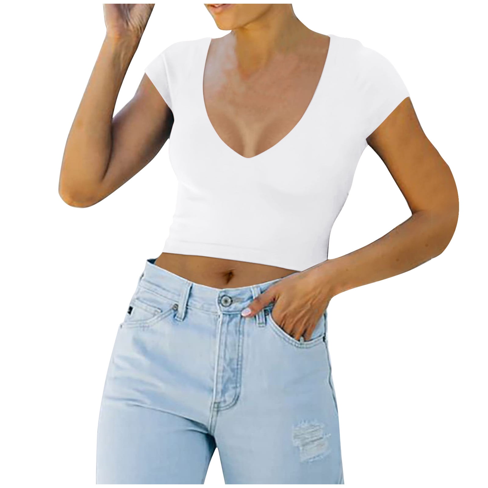 BLVB Short Sleeve Crop Tops for Women V Neck Summer Shirts Slim Fitted ...