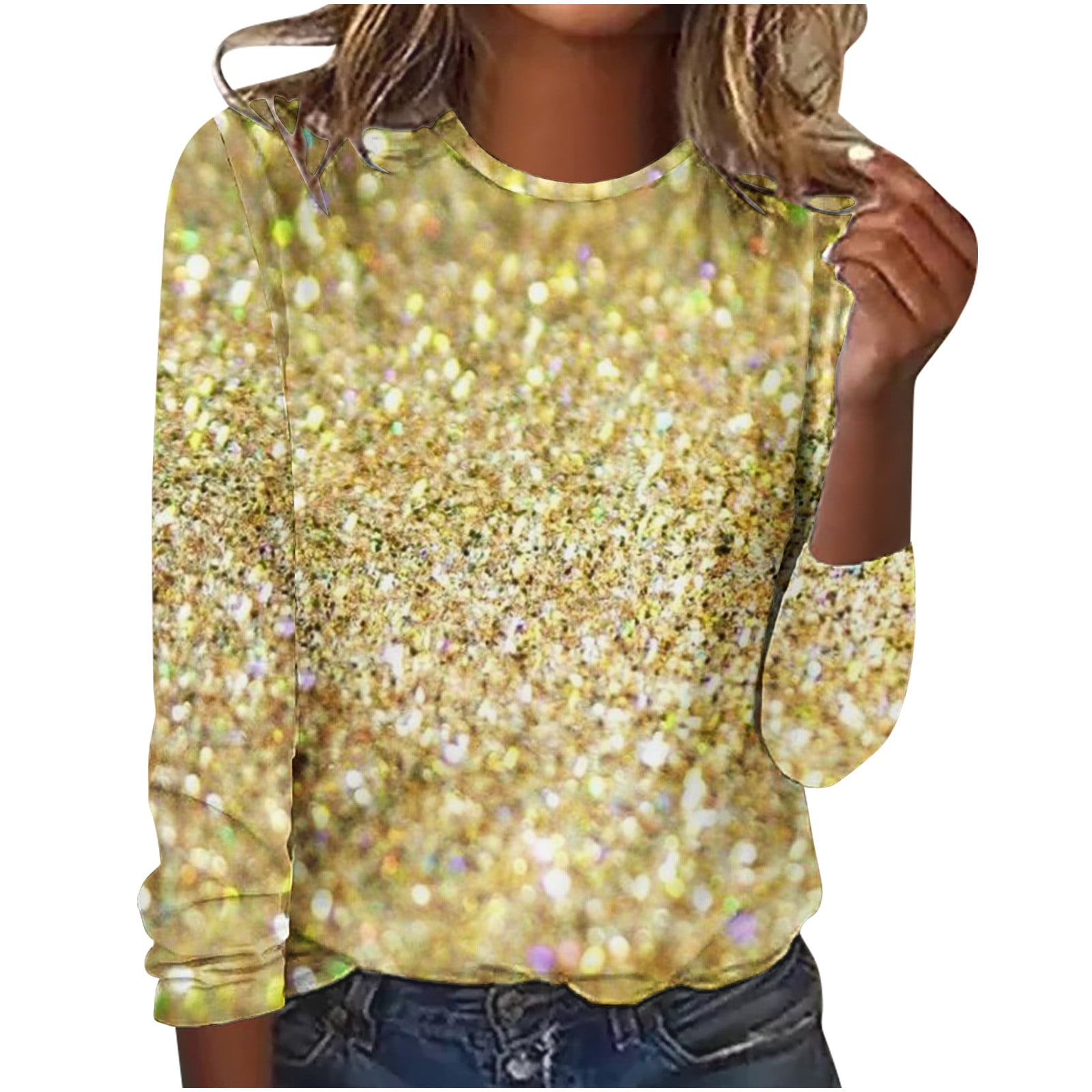 BLVB Sparkle Tops for Women Casual Long Sleeve Crewneck Glitter Going ...