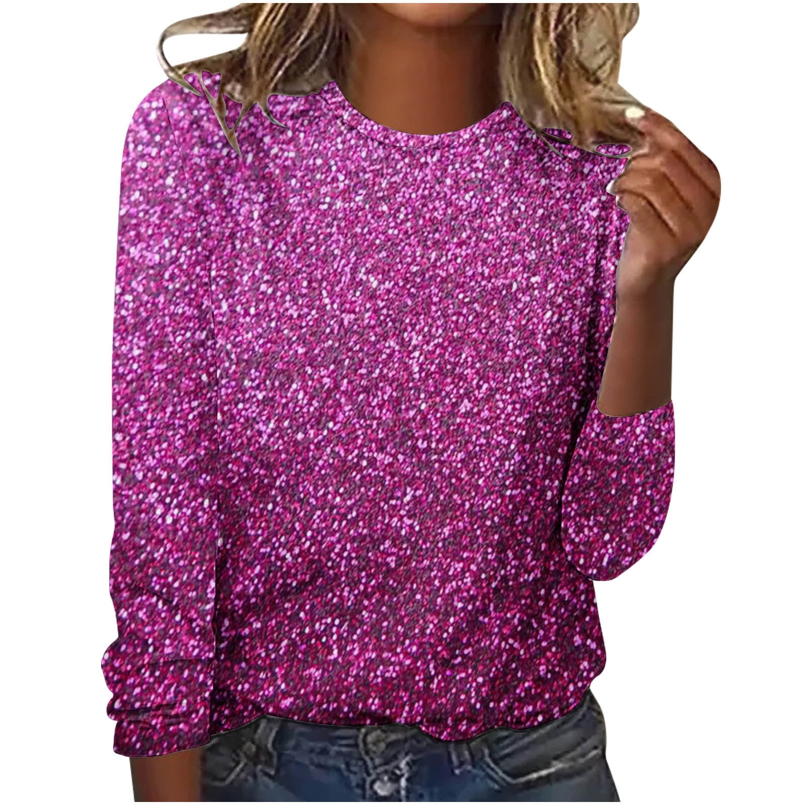 BLVB Sparkle Tops for Women Casual Long Sleeve Crewneck Glitter Going ...
