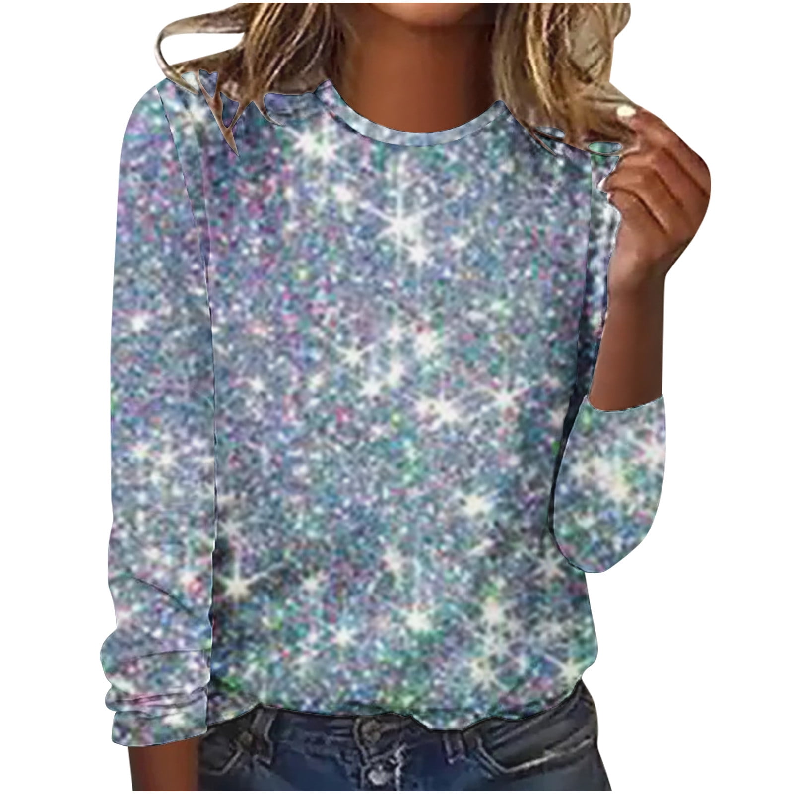 BLVB Sparkle Tops for Women Casual Long Sleeve Crewneck Glitter Going ...
