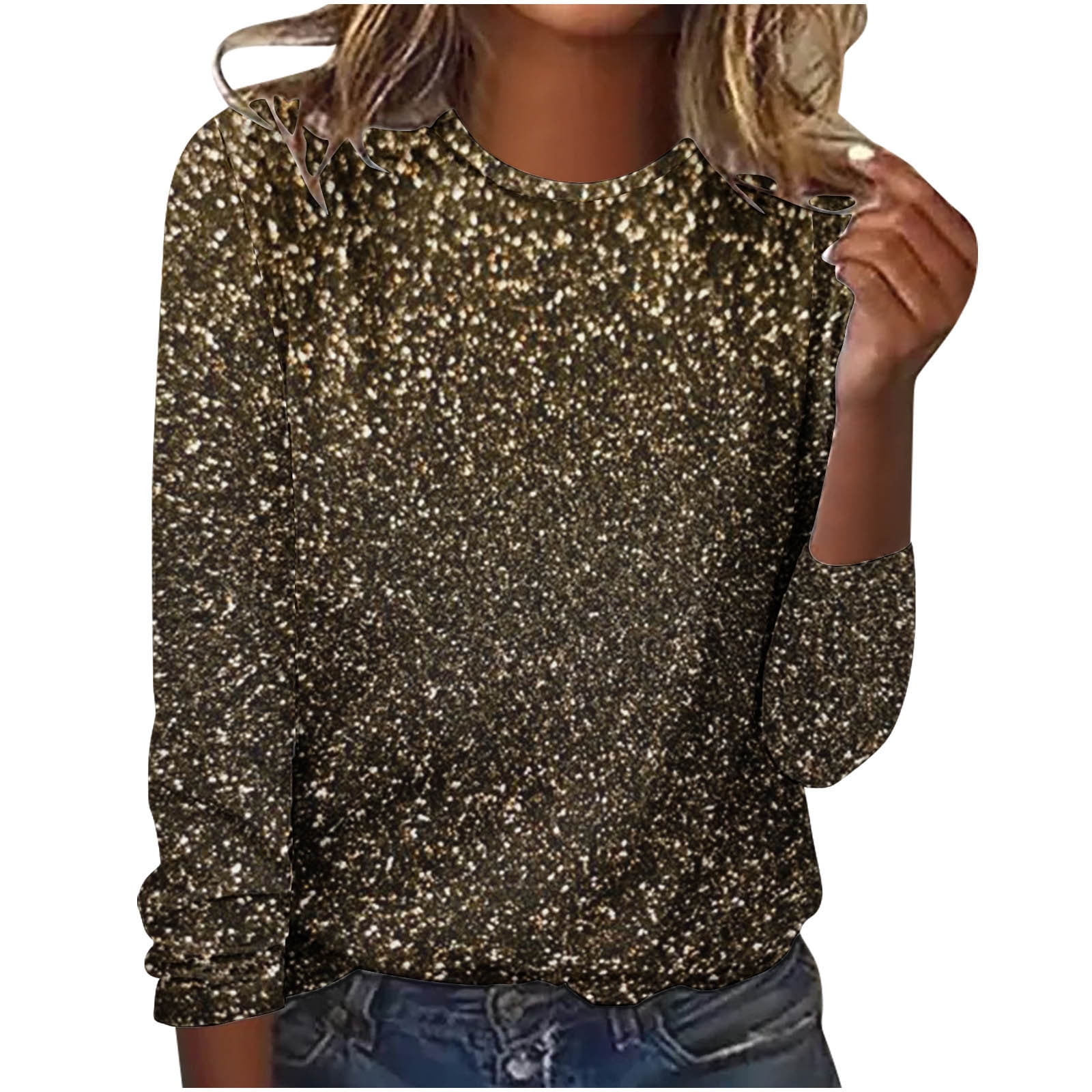BLVB Sparkle Tops for Women Casual Long Sleeve Crewneck Glitter Going ...