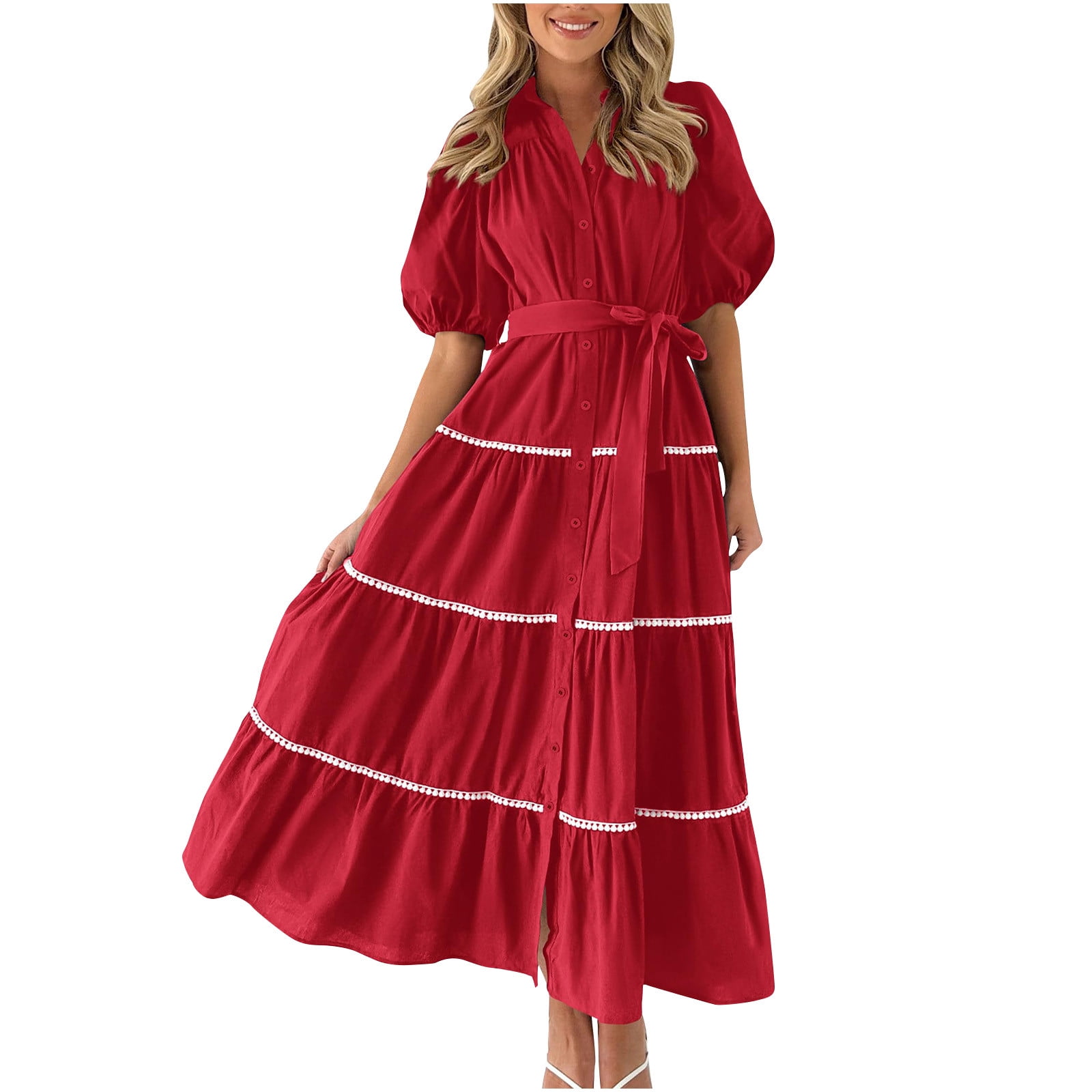 BLVB Spring Dresses for Women 2025 Trendy Puff Short Sleeve Tiered ...