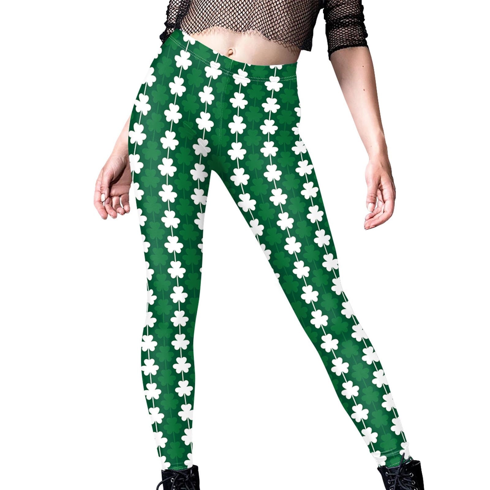 Blvb St Patricks Day Leggings For Women Shamrock Leaves Green Pant Slim Tights Green Stretch