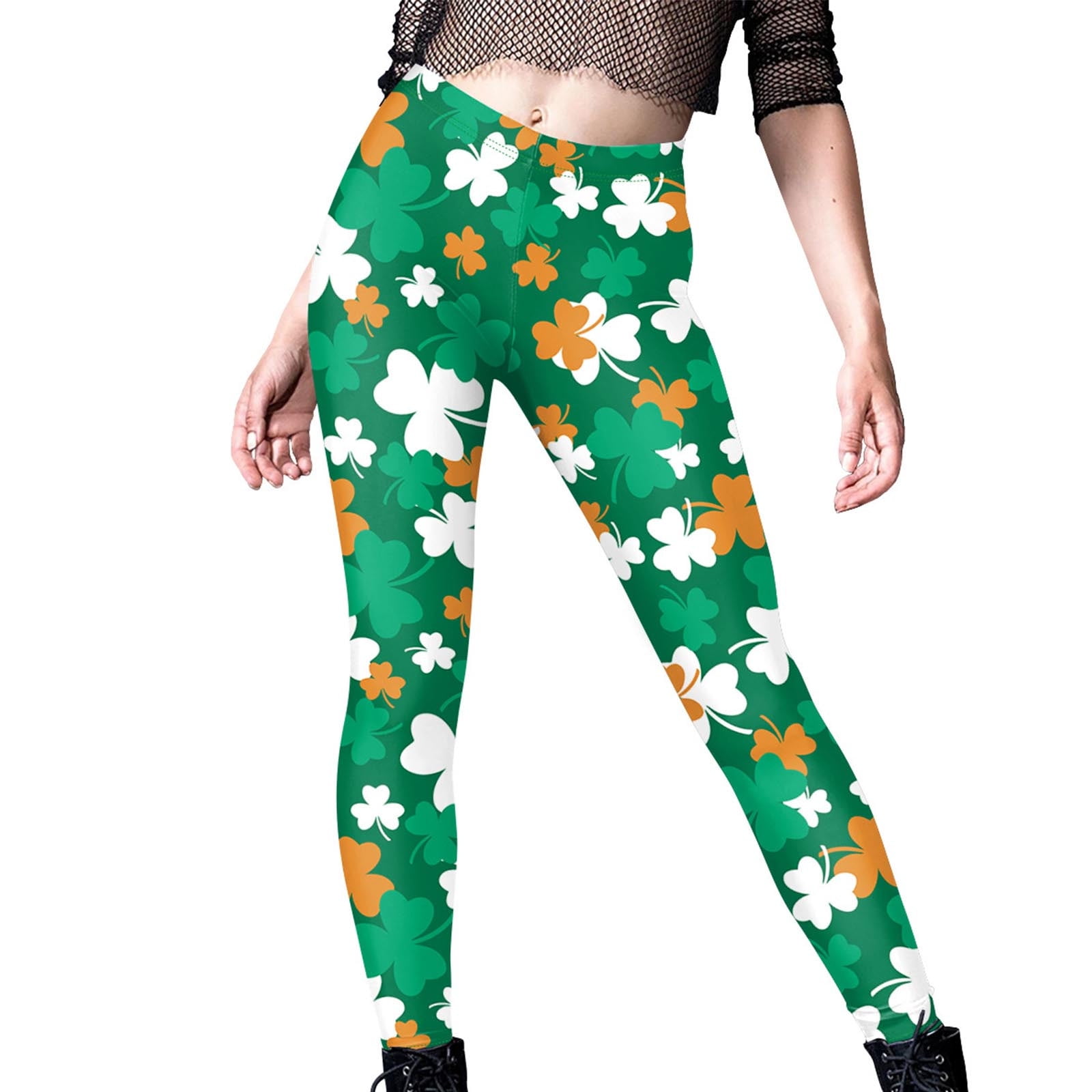 Blvb St Patricks Day Leggings For Women Shamrock Leaves Green Pant Slim Tights Green Stretch