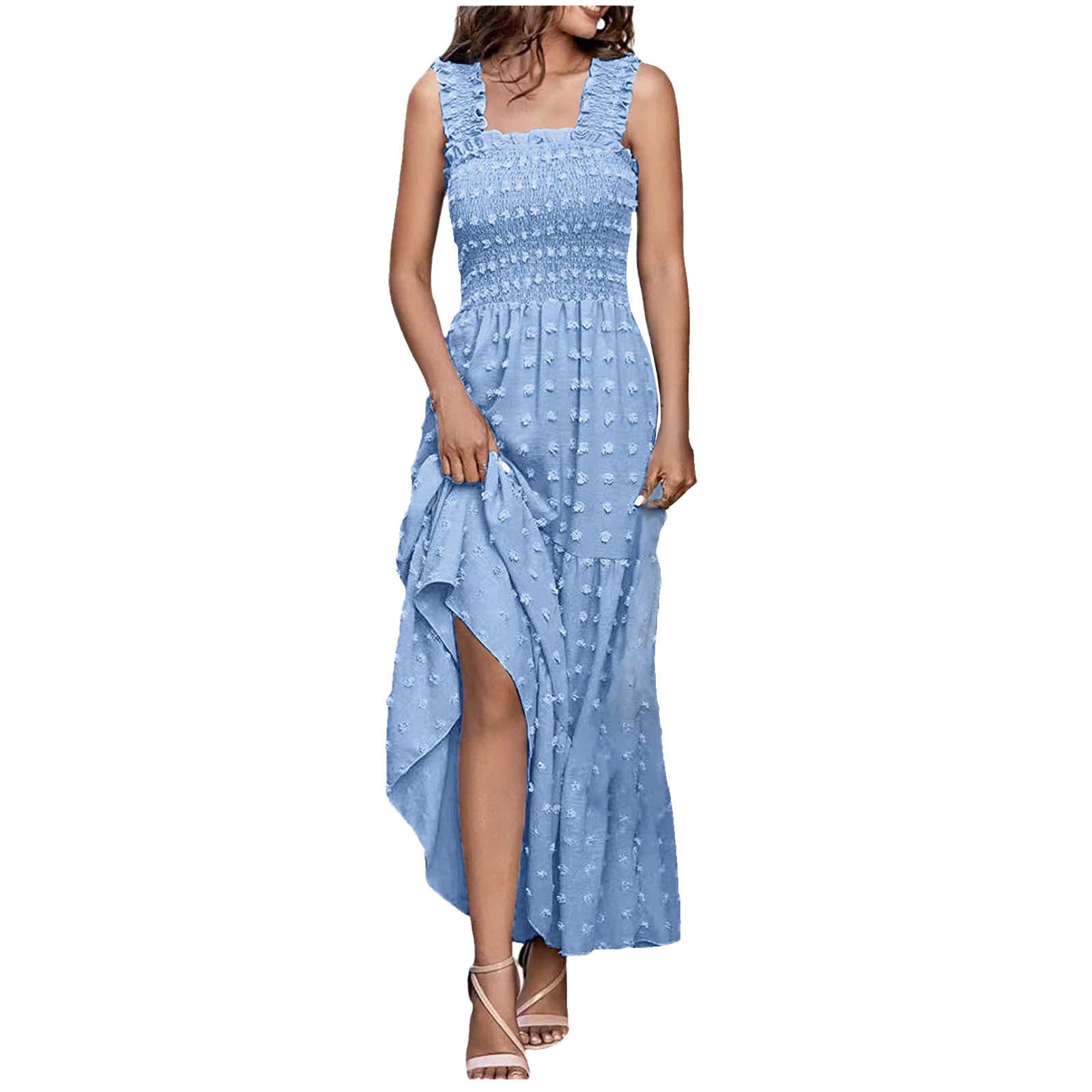 BLVB Summer Dresses for Women Sleeveless Square Neck Smocked Boho Beach ...