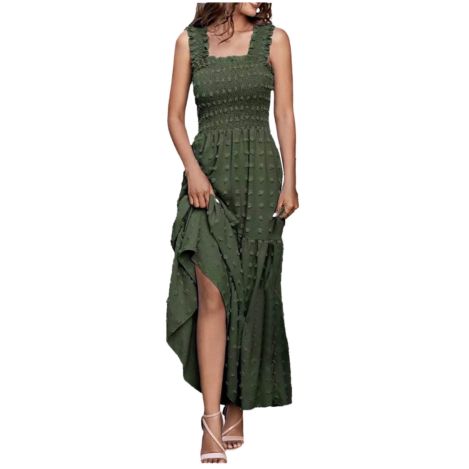 BLVB Summer Dresses for Women Sleeveless Square Neck Smocked Boho Beach ...