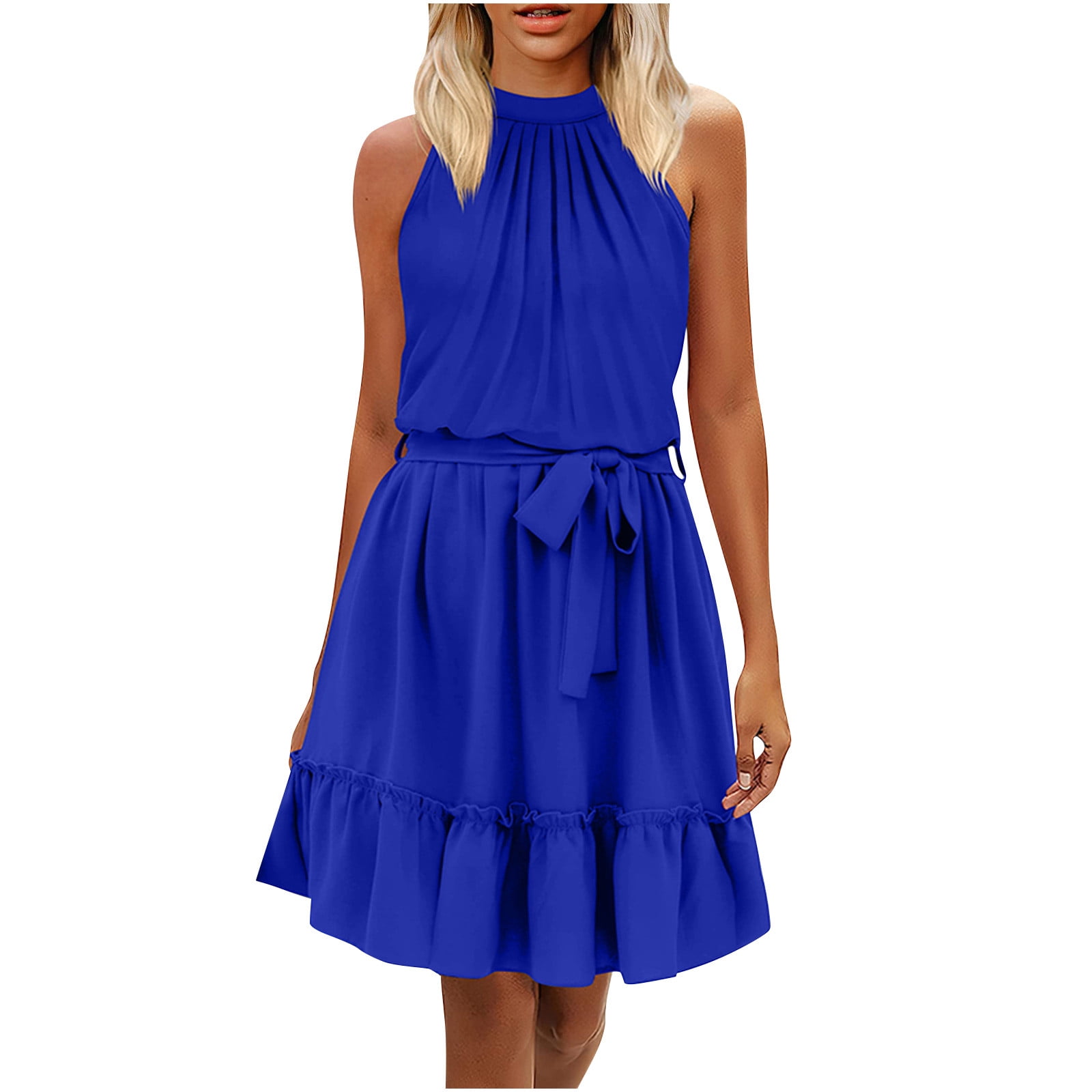 BLVB Summer Dresses for Women Sleeveless Pleated Ruffle Hem A-Line ...