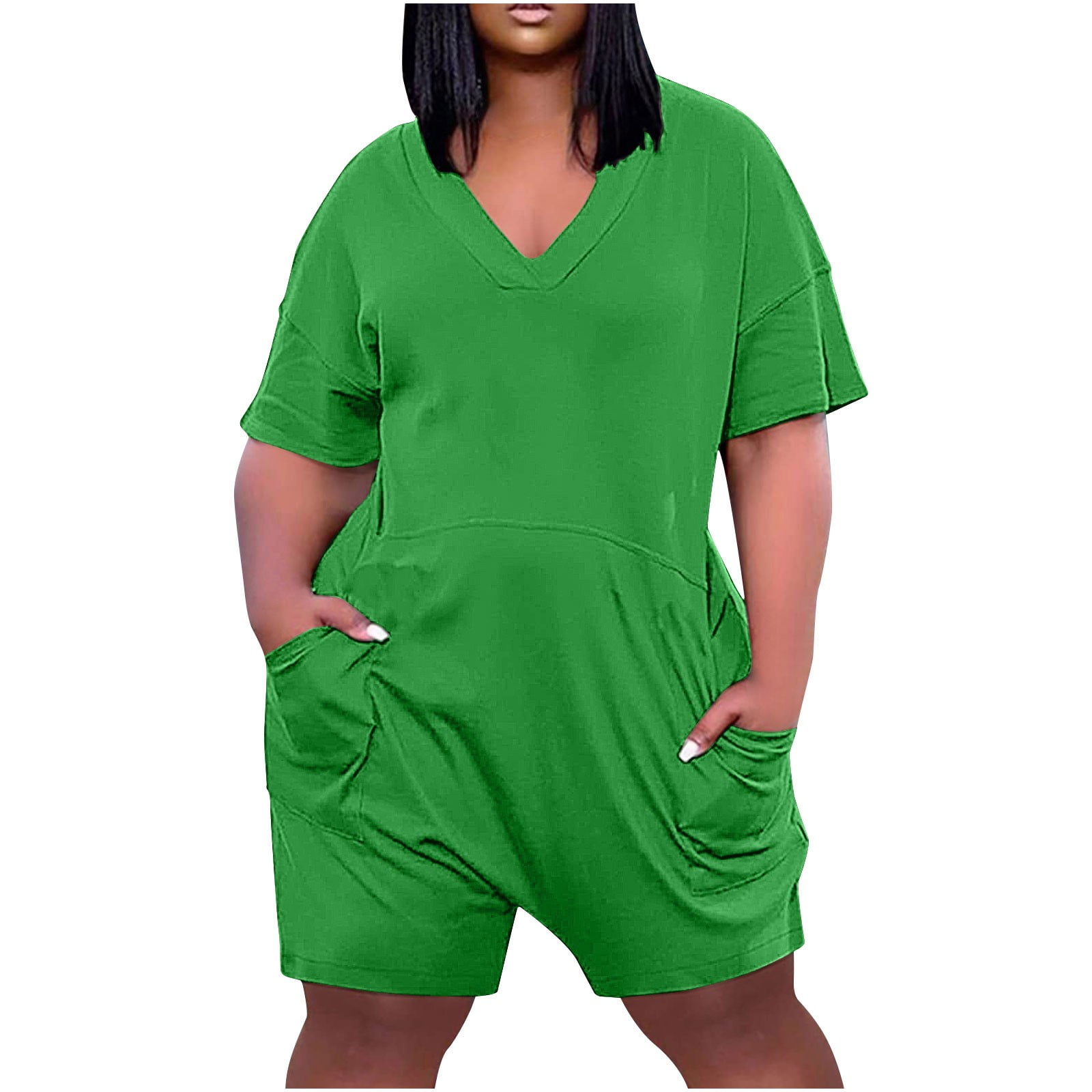 BLVB Summer Plus Size Rompers for Women Short Sleeve V Neck Loose ...
