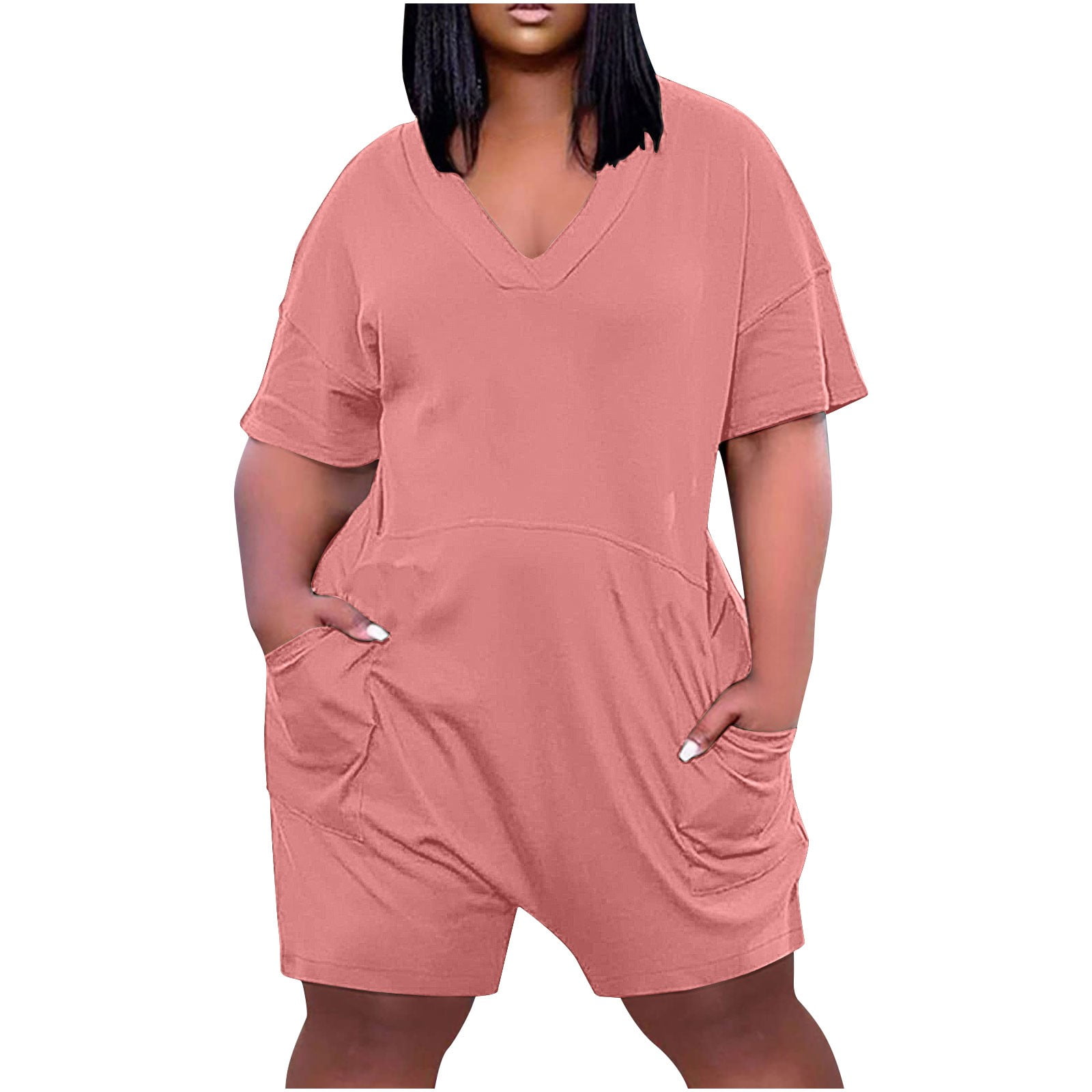 BLVB Summer Plus Size Rompers for Women Short Sleeve V Neck Loose ...