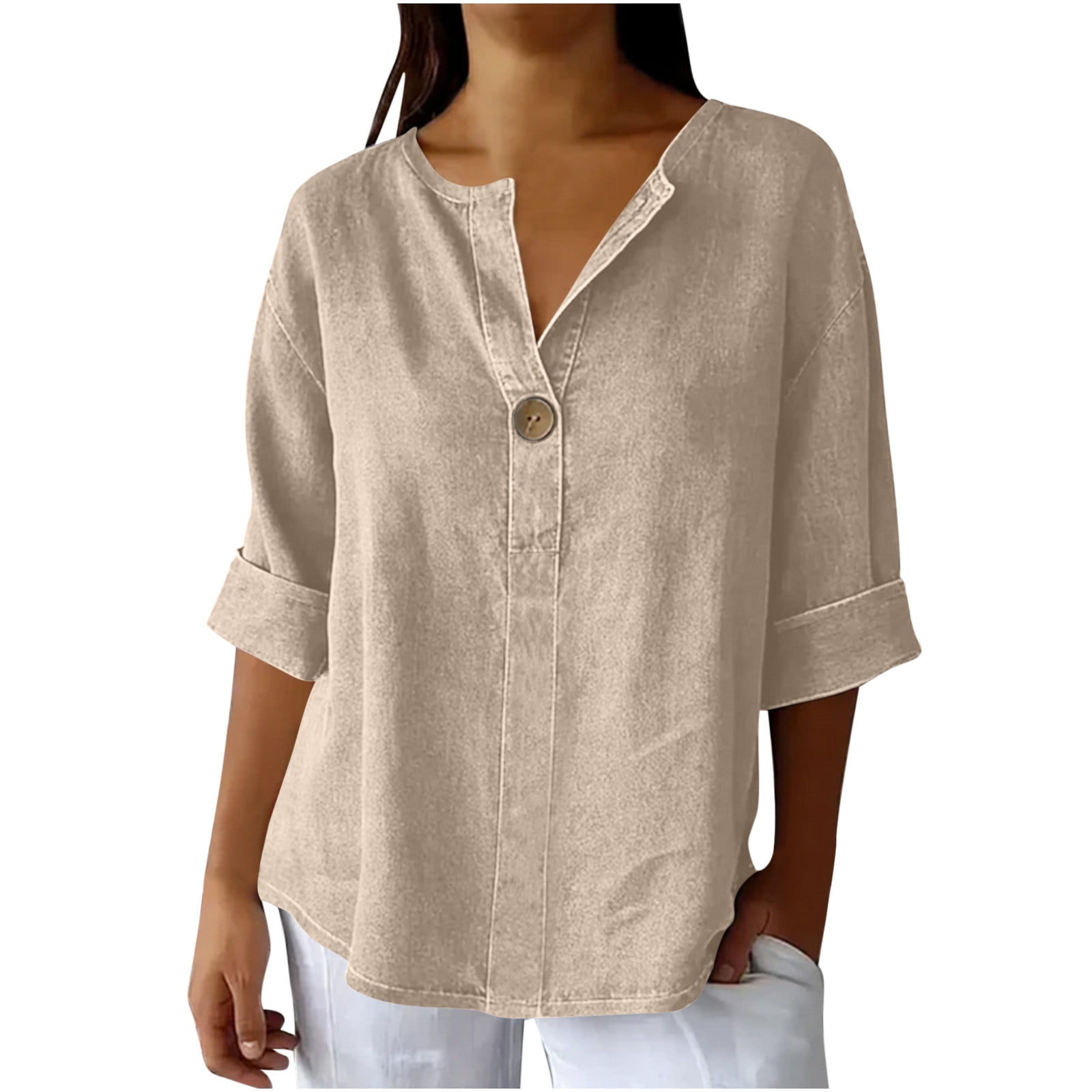 BLVB Summer Shirts for Women Button V Neck Half Sleeve T-Shirt Blouse ...