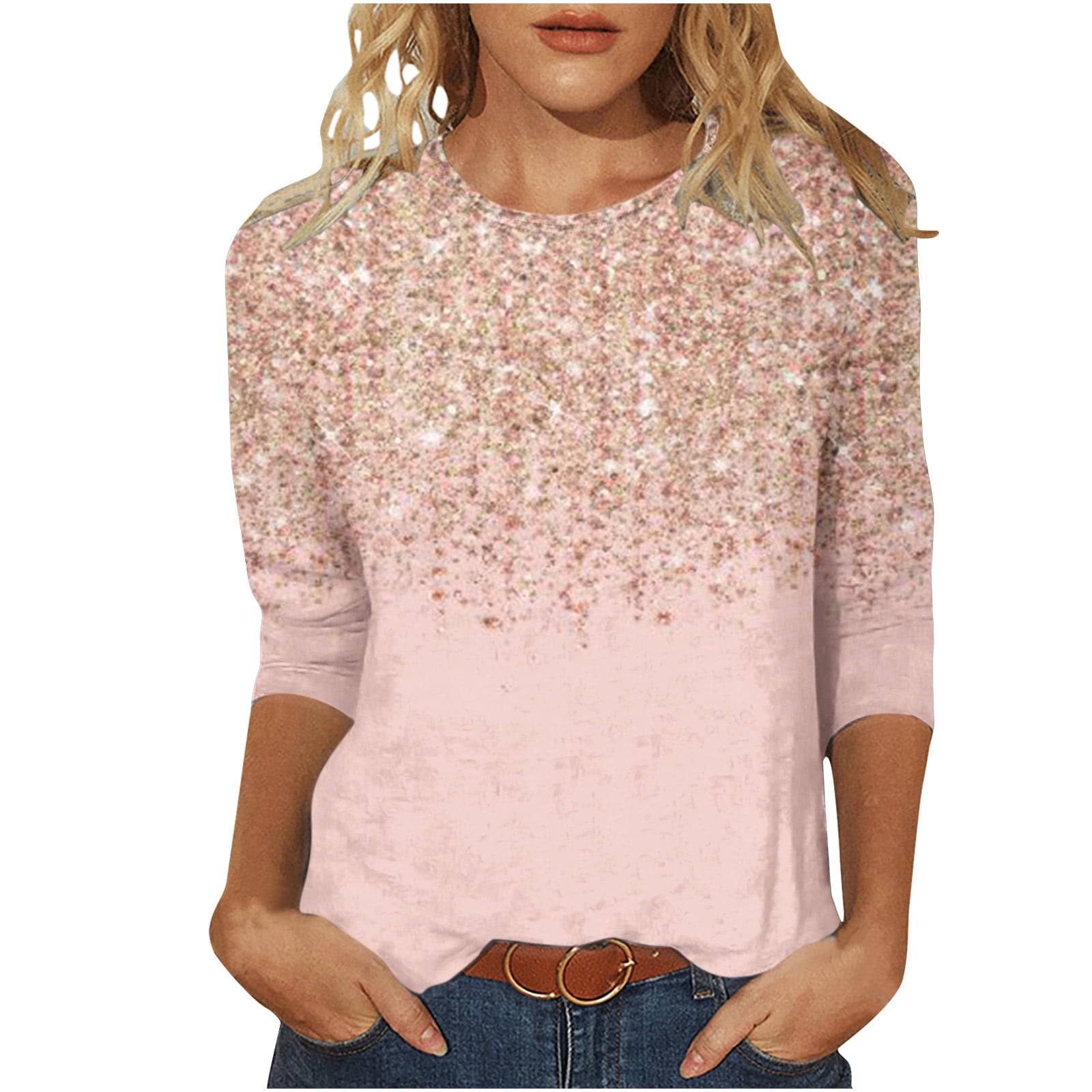BLVB Summer Tops for Women Crewneck 3/4 Sleeve Tees Glitter Sparkly ...