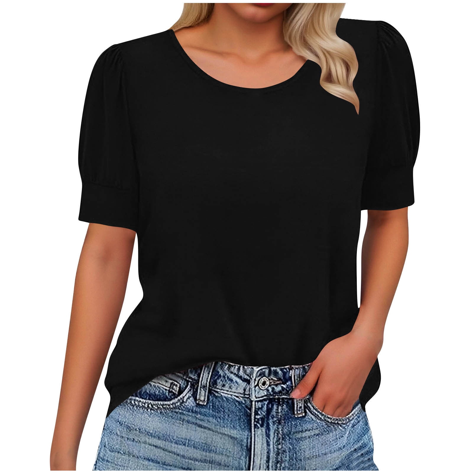 BLVB Summer Tops for Women Puff Short Sleeve Crewneck T Shirts Dressy ...