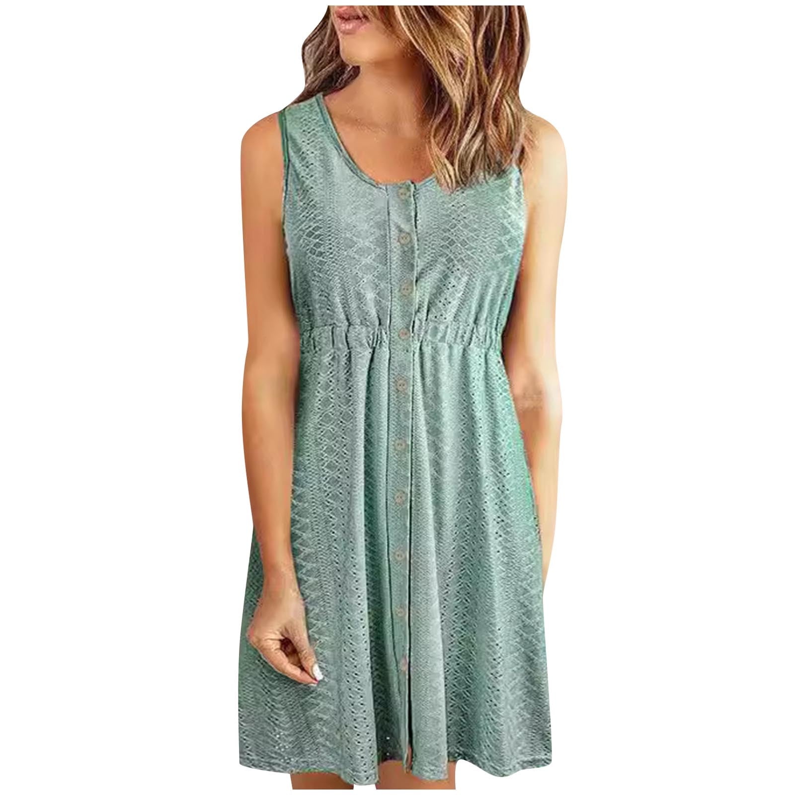 BLVB Sundresses for Women 2025 Sleeveless Eyelet Casual Beach Dress ...