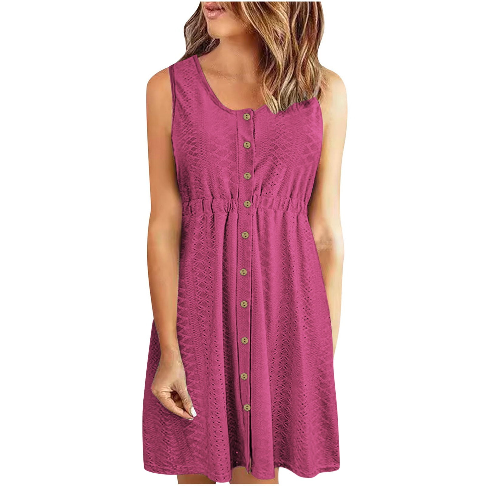 BLVB Sundresses for Women Sleeveless Eyelet Casual Beach Dress Button ...