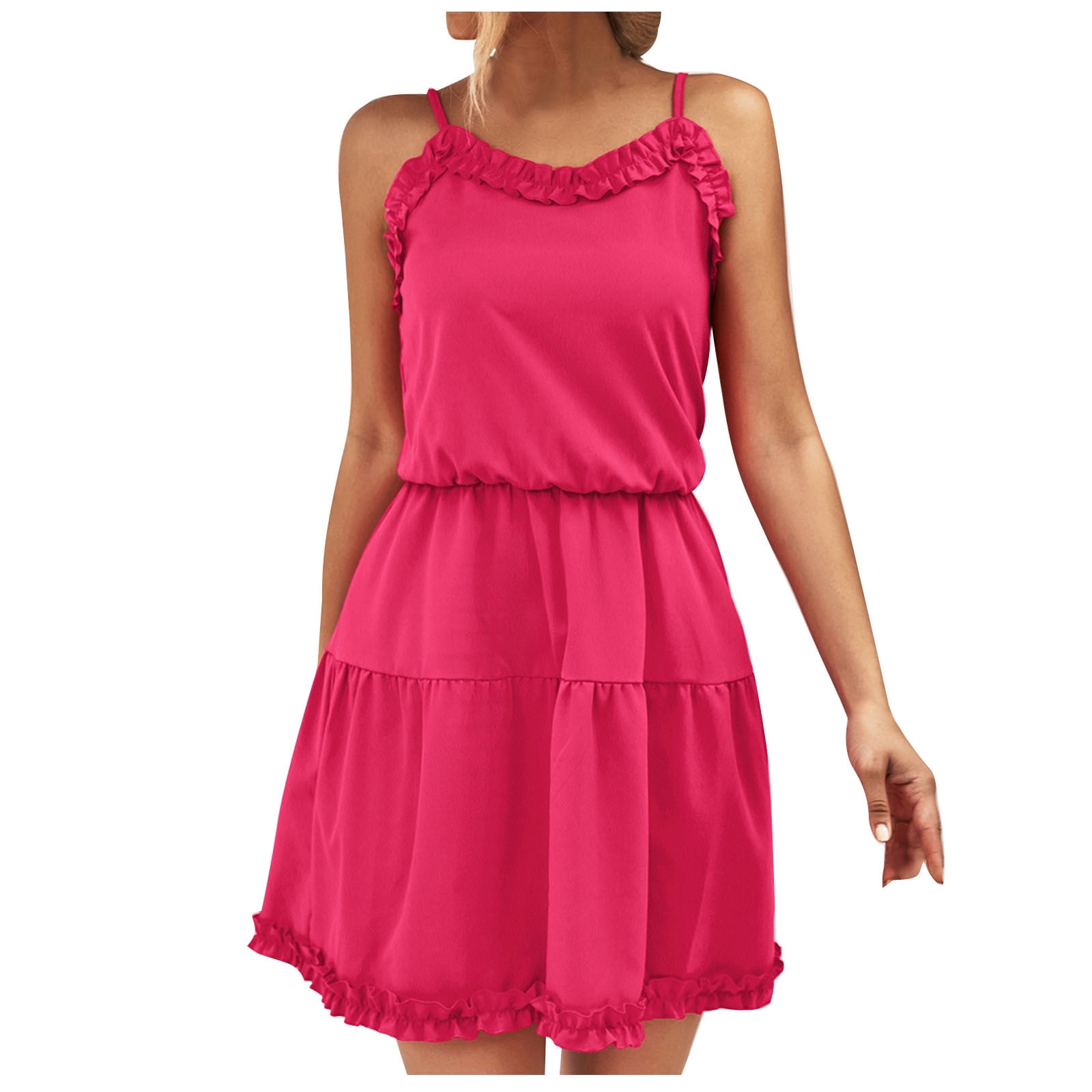 BLVB Sundresses for Women Spaghetti Strap Sleeveless Elastic Waist ...