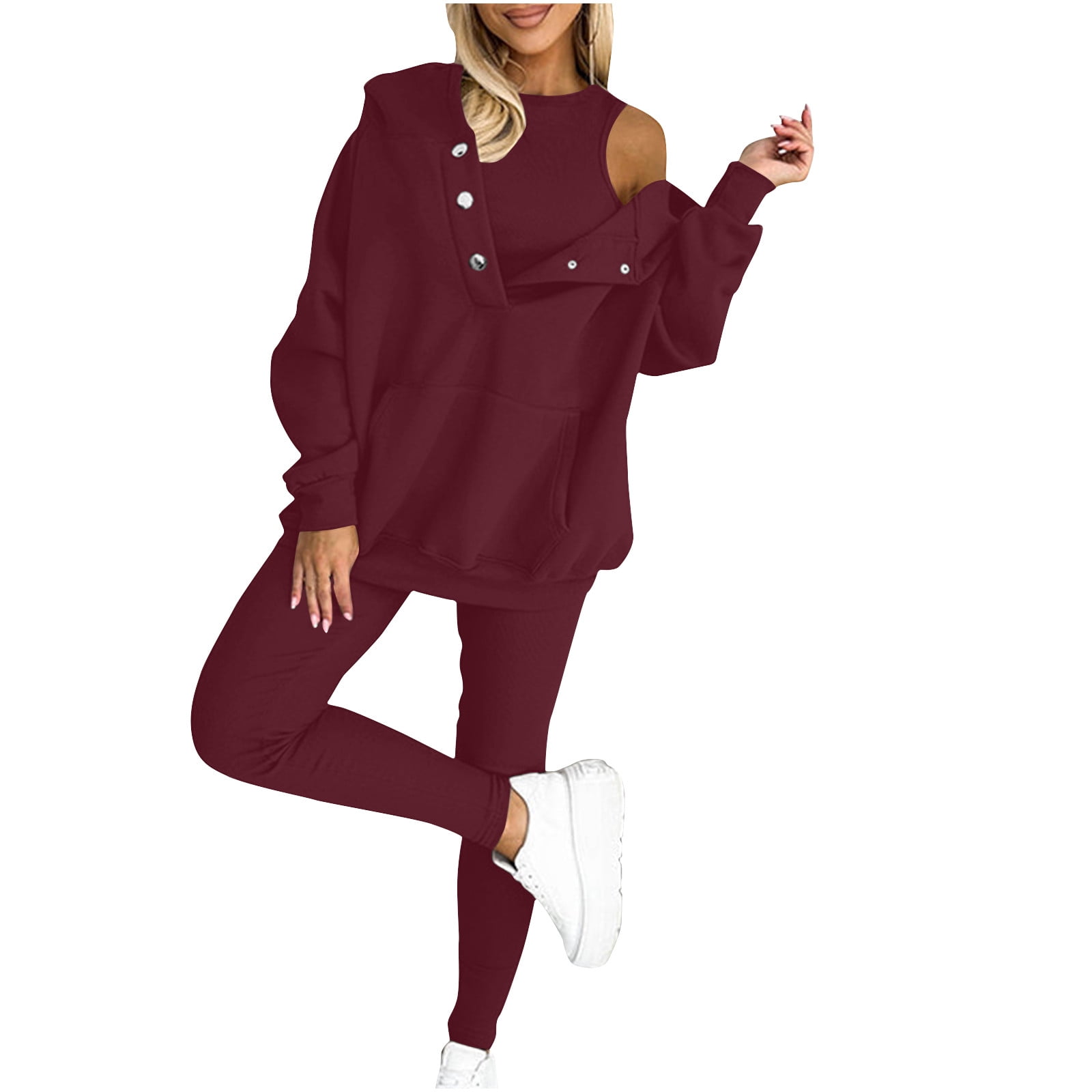 BLVB Sweatsuits for Women Set 3 Piece Outfits Button up Hoodie ...