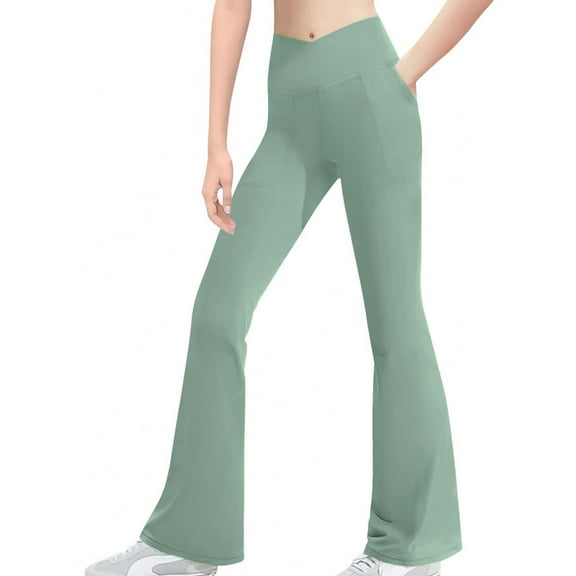 Fdrone Girl's Flare Leggings with Pockets Kids Bootcut Seamless Crossover Solid Color Yoga Pants ...