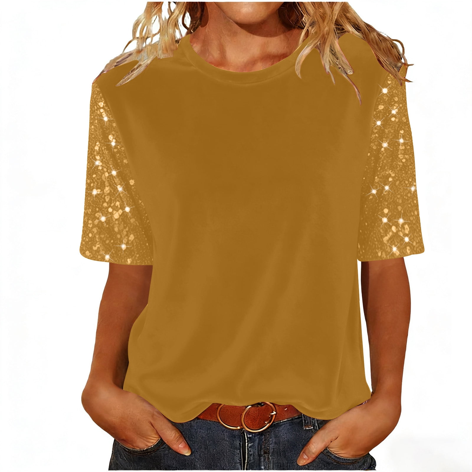 BLVB Velvet Blouse Tops for Women Dressy Casual Crew Neck Shirts Sequin ...