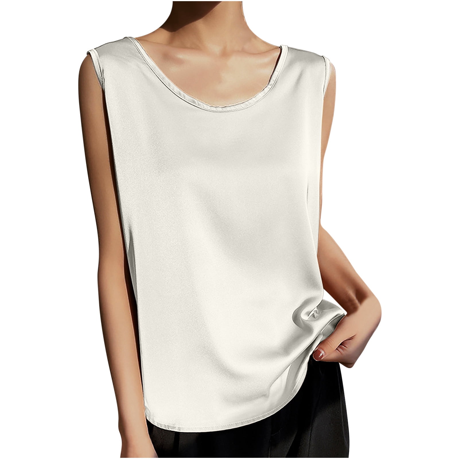 BLVB Women 2025 Silk Satin Tank Tops Dressy Crewneck Camisole Blouse Casual Sleeveless Cami ...