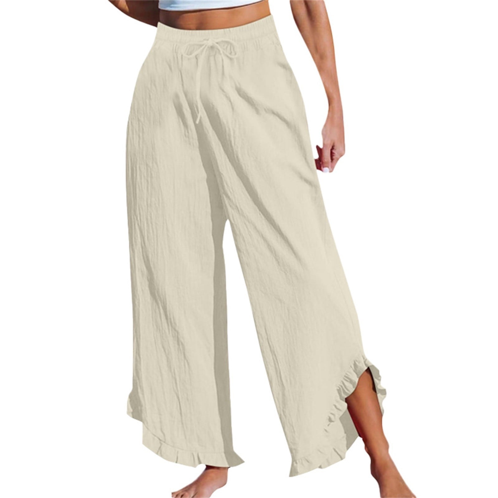 BLVB Women Capri Pants Summer Wide Leg Pants Drawstring Waist Ruffle ...
