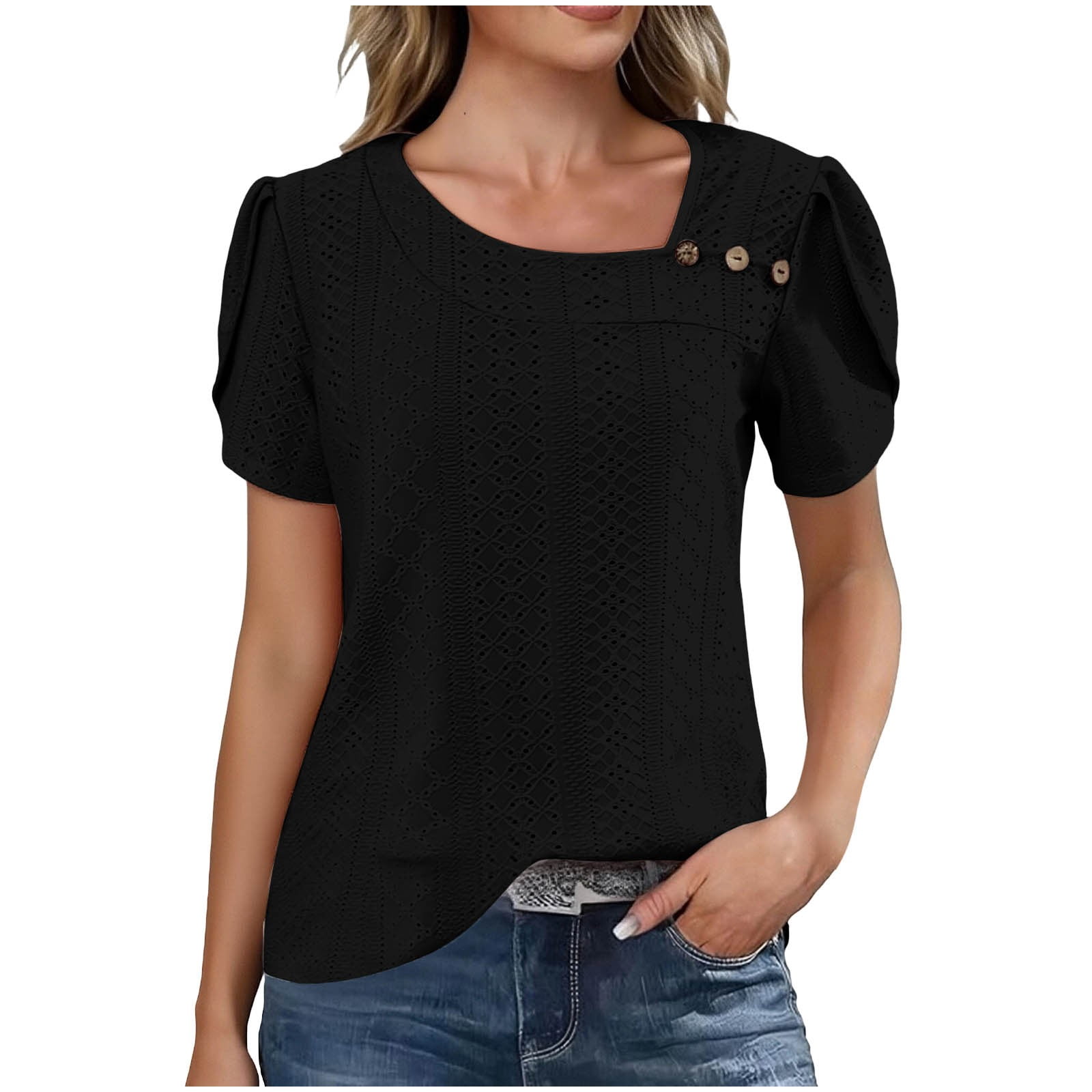 BLVB Women Eyelet Spring Summer Tops Dressy Casual Petal Short Sleeves ...