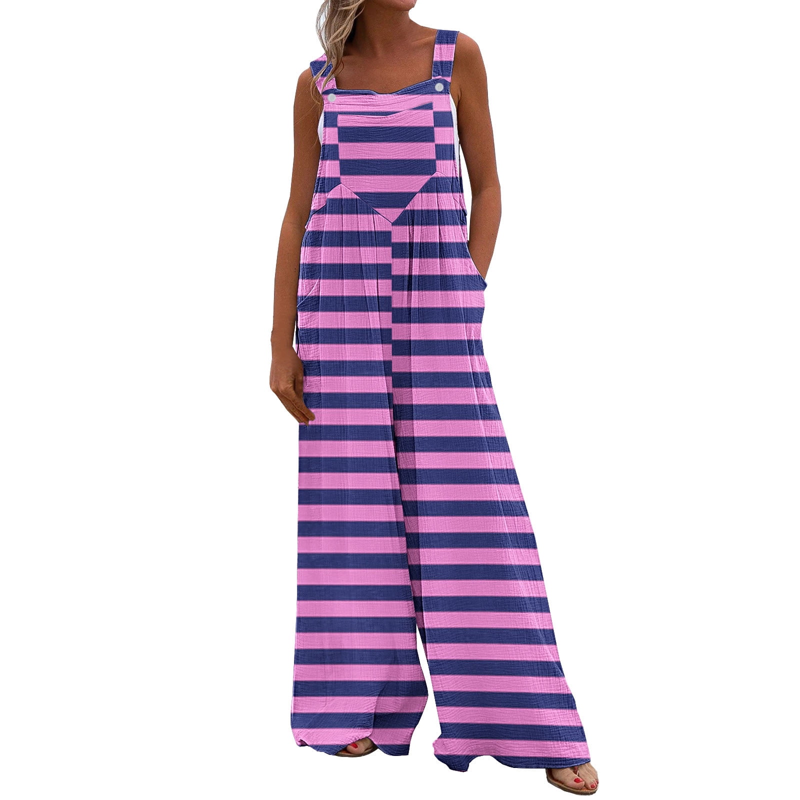 BLVB Women Overalls Sleeveless Striped Jumpsuits Wide Leg Bib Pants ...