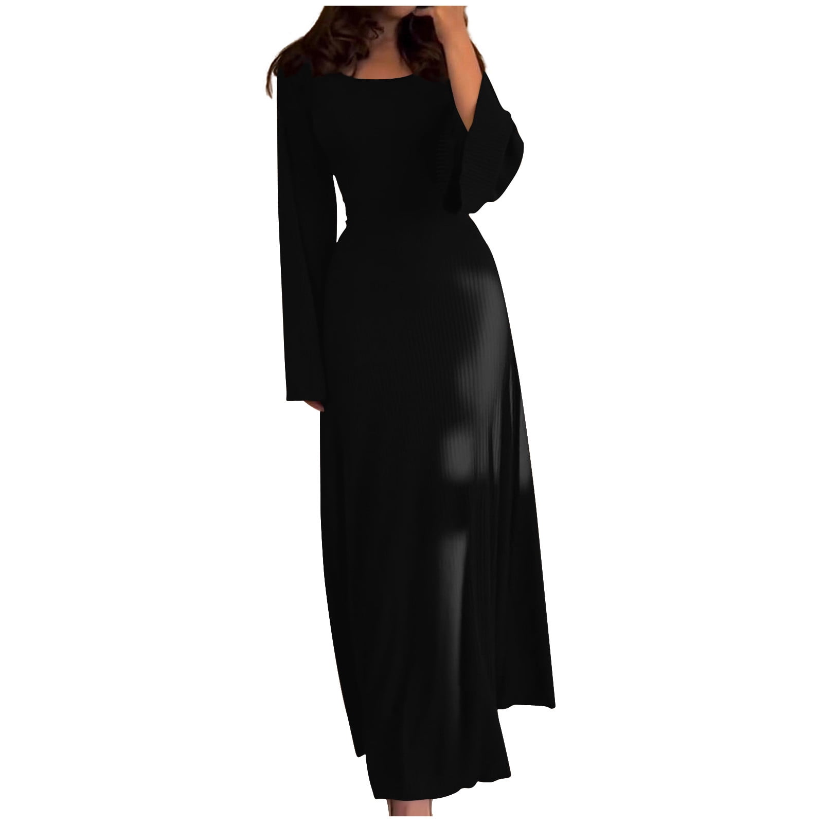 BLVB Women Ribbed Knit Long Sleeve Maxi Dress Solid Color Bodycon ...
