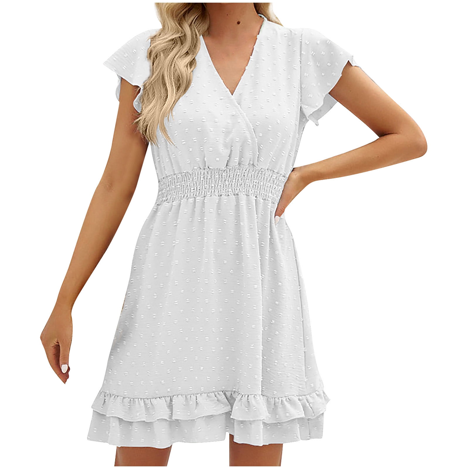 BLVB Women Short Sleeve V Neck Mini Summer Dresses 2024 Boho Ruffle Hem ...