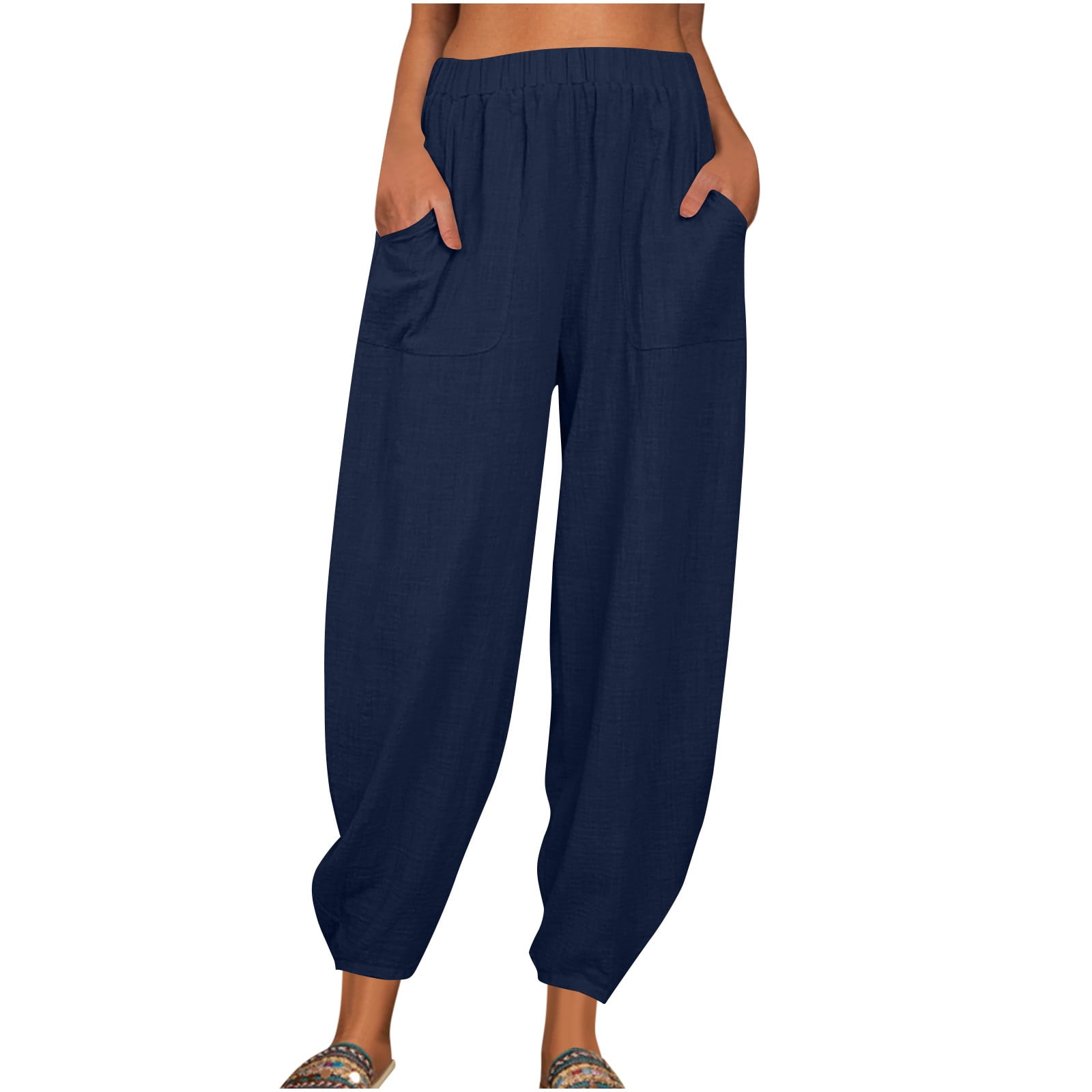 Blvb Women Summer Pull On Pants Casual Loose Cotton Linen Solid Color