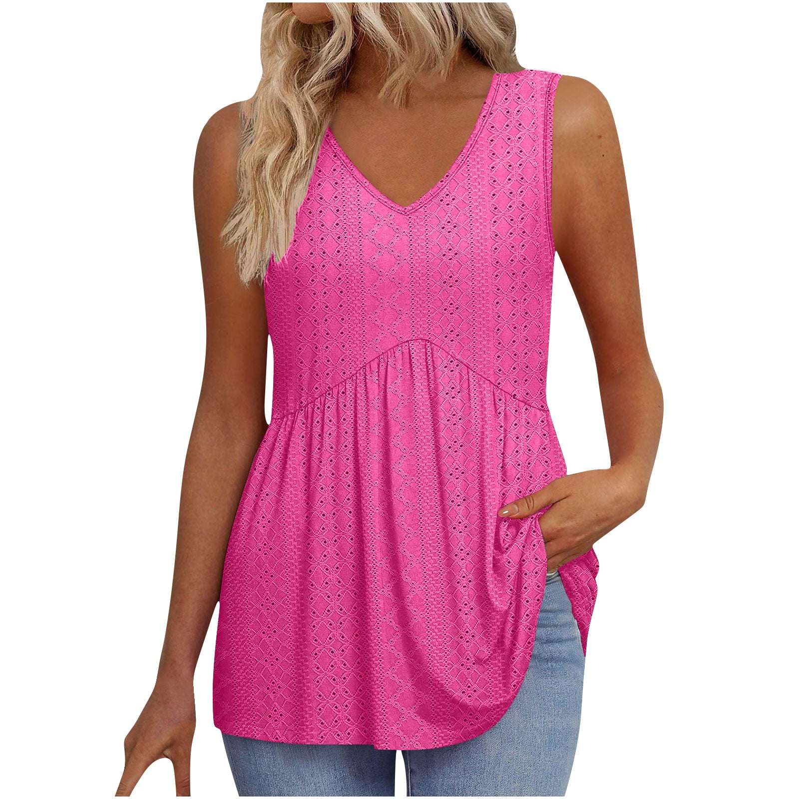 BLVB Women Tank Tops Spring Clothes Summer V Neck Pleated Eyelet Shirts ...