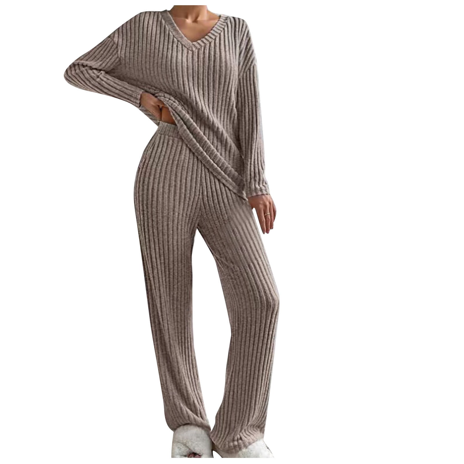 BLVB Women's 2 Piece Outfits Ribbed Lounge Sets Long Sleeve V Neck ...