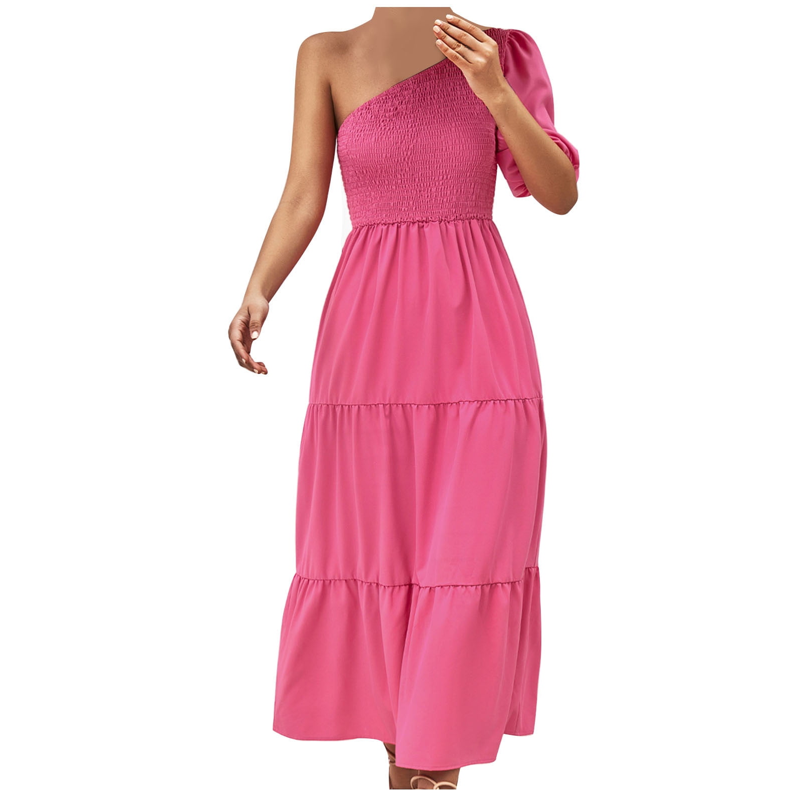 BLVB Women's 2025 Summer Dress Boho One-Shoulder Short Sleeve Solid ...