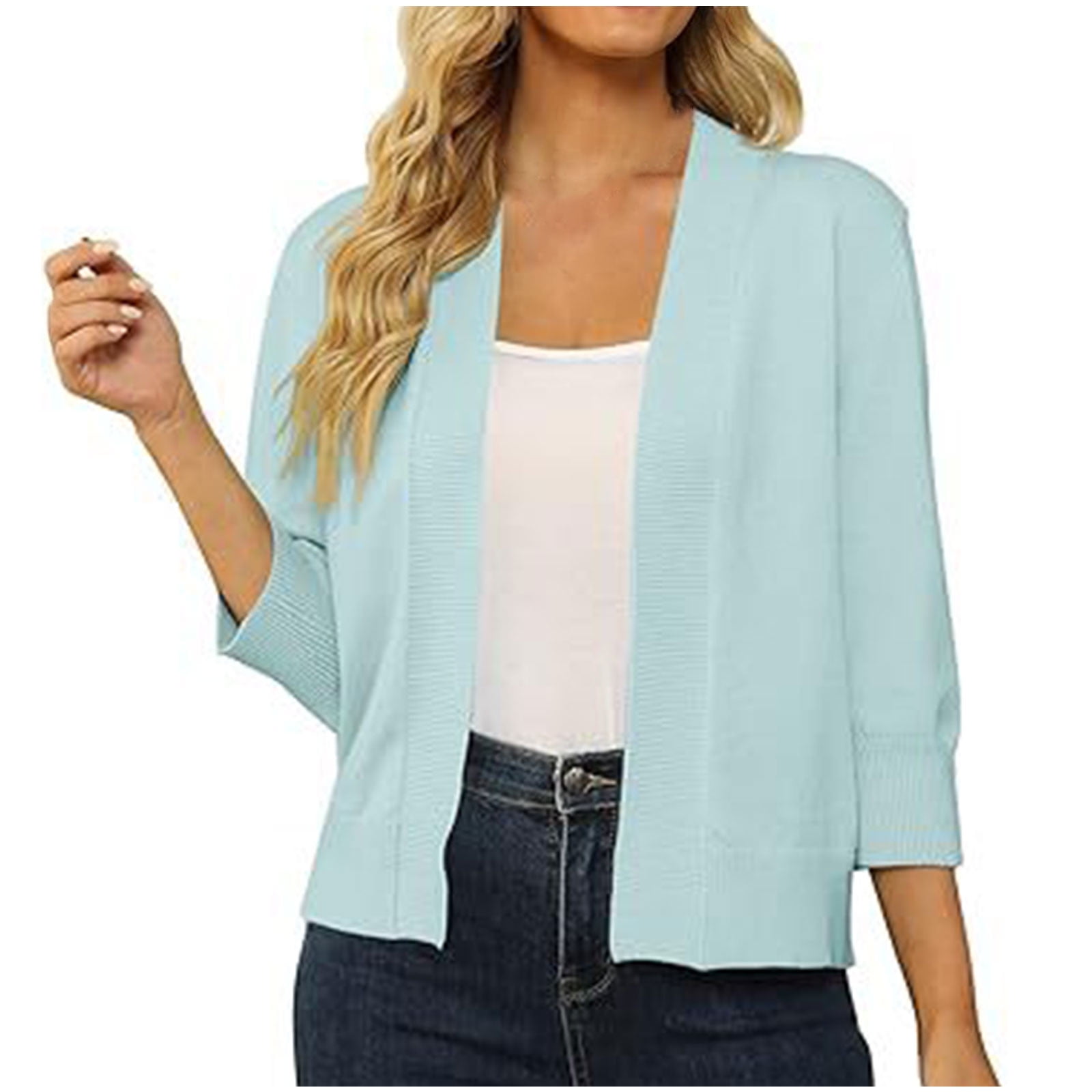 BLVB Women's 3/4 Sleeve Cropped Knitted Cardigan Sweaters Open Front ...