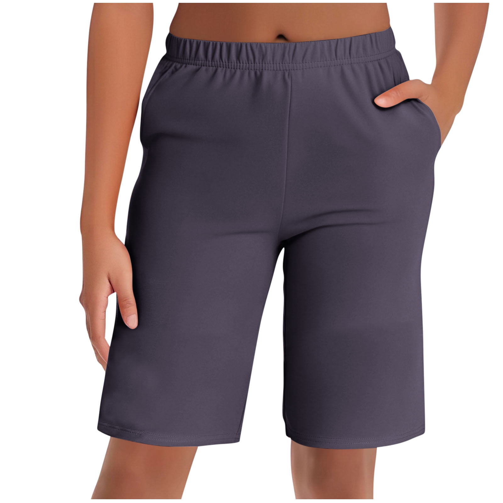 BLVB Women's Bermuda Long Shorts with Pockets Elastic Waisted Knee ...