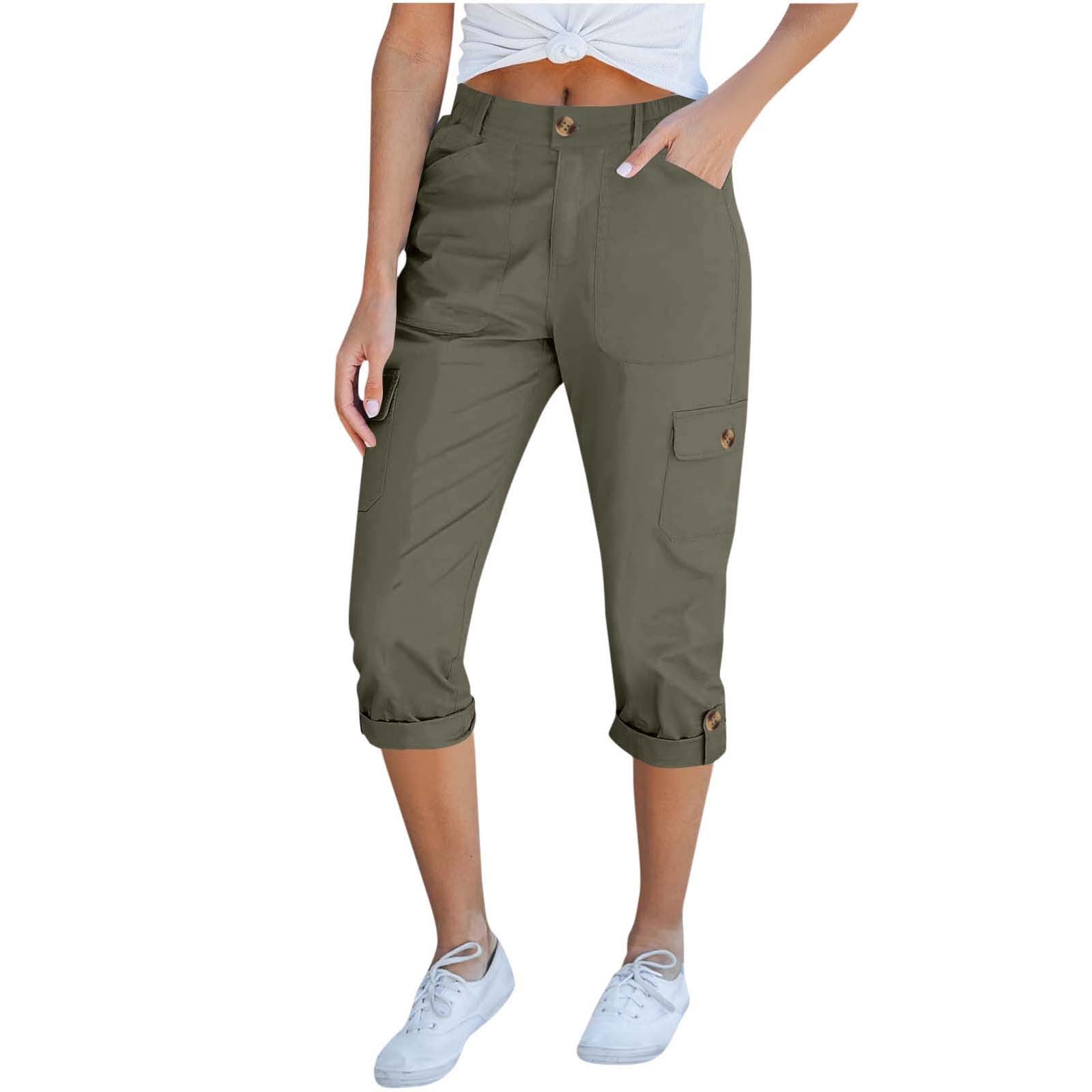 BLVB Women's Cargo Capri Pants Summer Casual Elastic Waist Lightweight Stretch Rolled Hem Capris ...