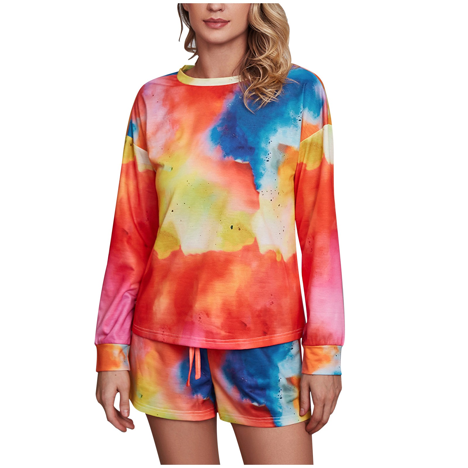 BLVB Women's Casual 2 Piece Outfits Printed Crew Neck Long Sleeve Tops ...