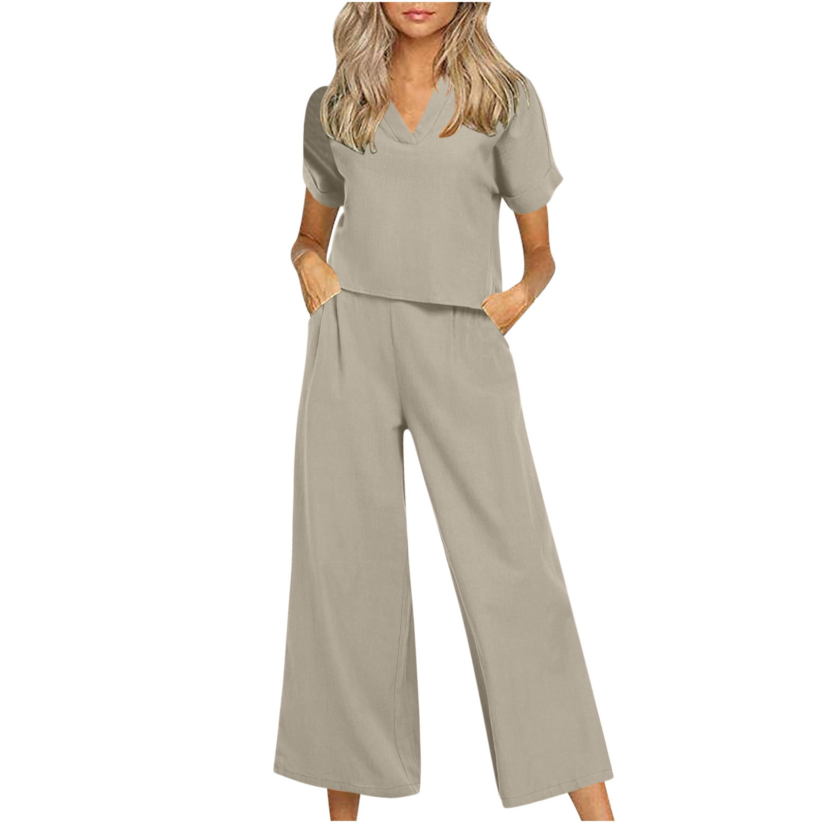 BLVB Women's Casual 2 Piece Outfits Short Sleeve V Neck Crop Top Wide Leg Pants Set Summer ...