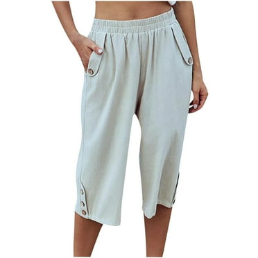 Dyegold Capris For Women Casual Summer Cotton Linen Cropped Pants Elastic Waist Drawstring Plus ...