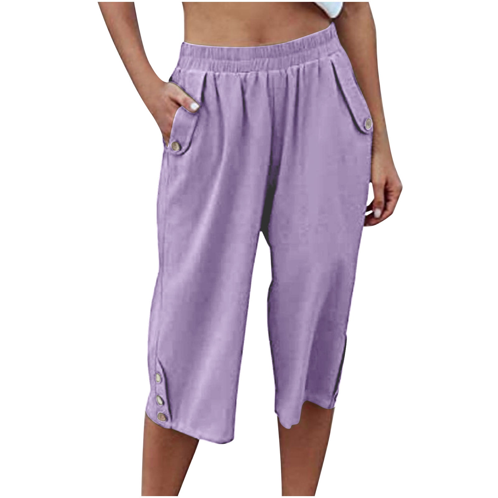 BLVB Women's Casual Cotton Linen Capri Pants Elastic Waist Comfy Capris ...