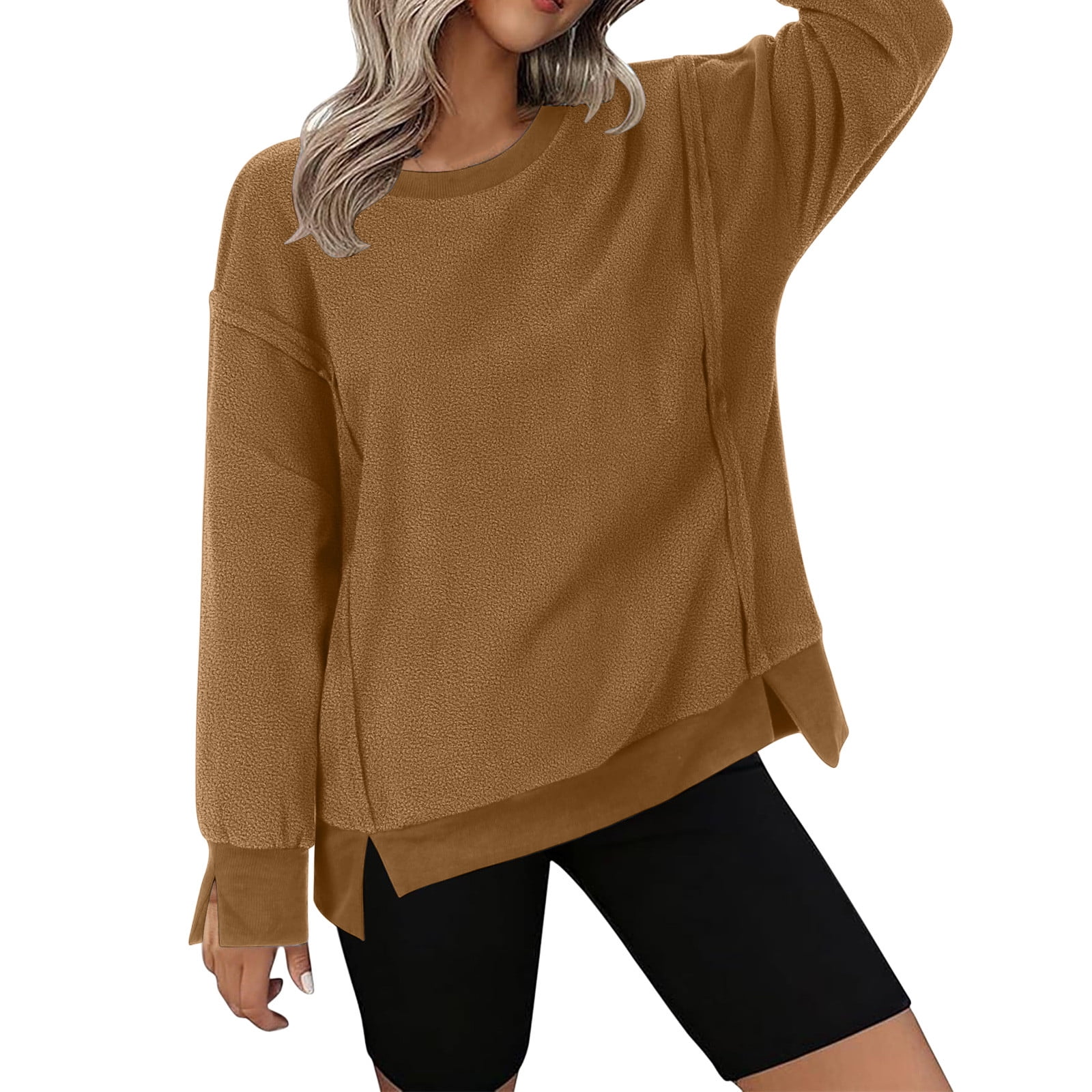 BLVB Women's Casual Sweatshirts Crewneck Long Sleeve Fuzzy Fleece Tops ...
