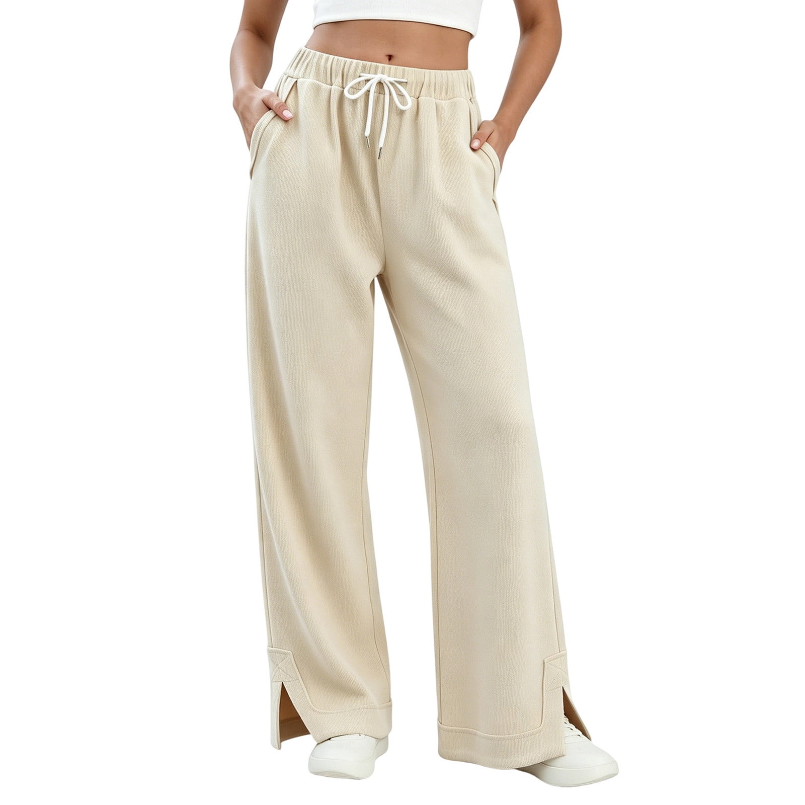BLVB Women's Casual Wide Leg Pants High Waist Drawstring Pull-On Baggy ...