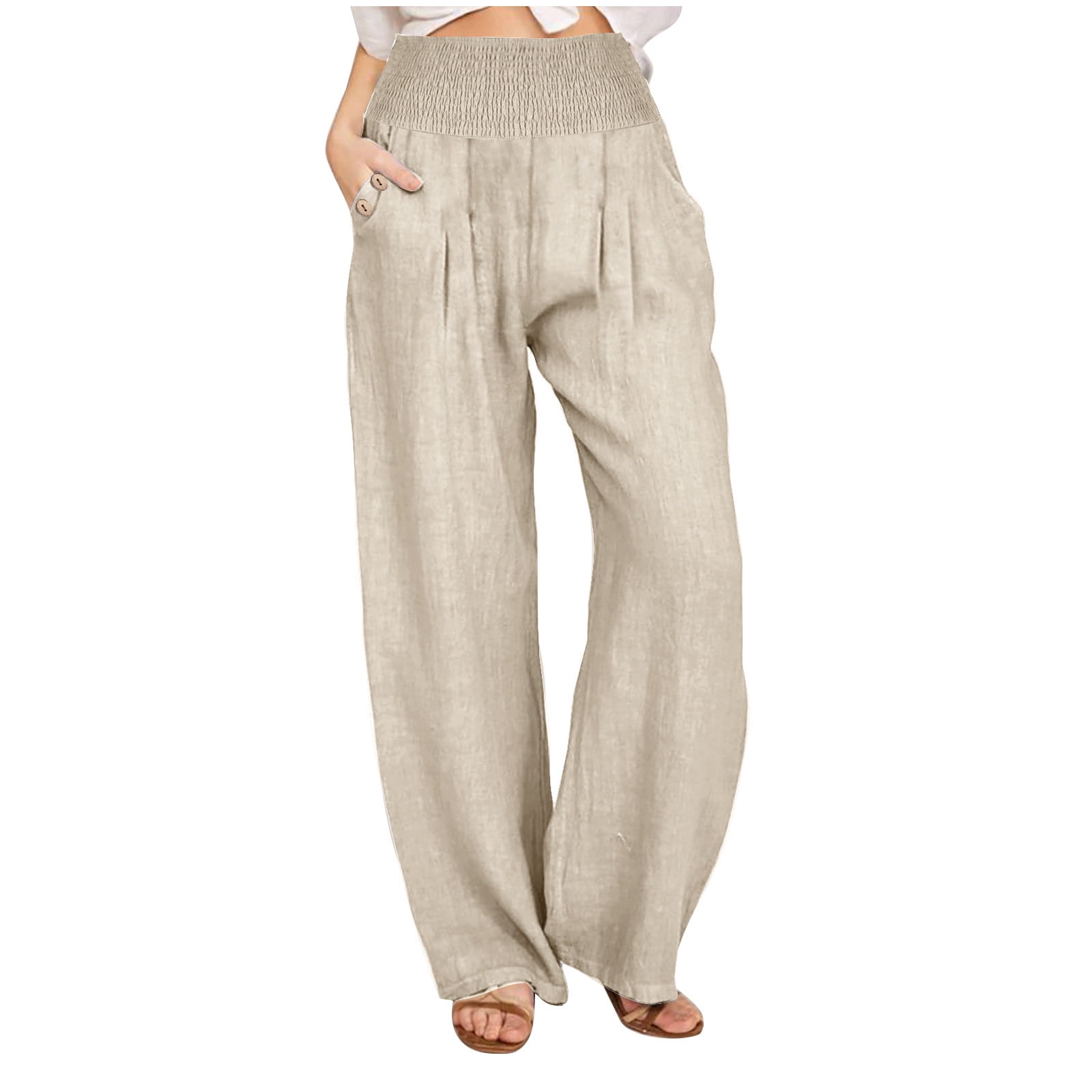 Blvb Womens Cotton Linen Pants Summer Wide Leg Casual Loose Smocked