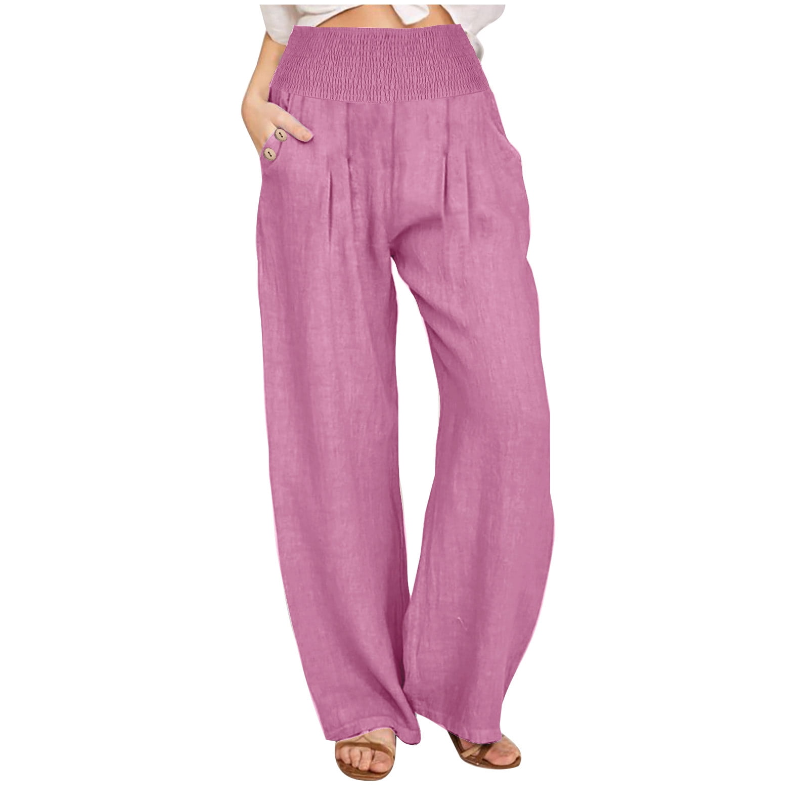 BLVB Women's Cotton Linen Pants Summer Wide Leg Casual Loose Smocked ...