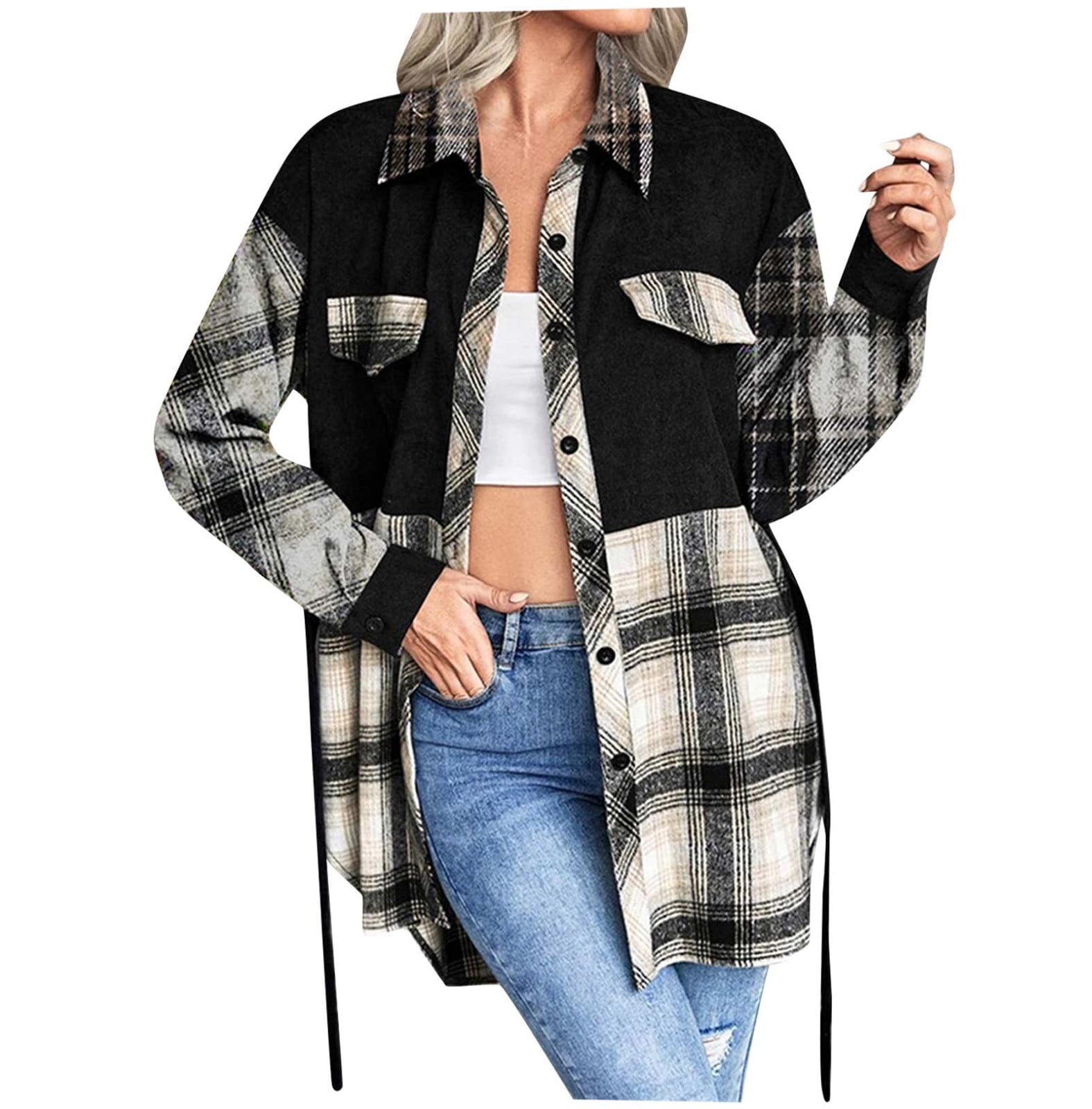 BLVB Women's Fall Clothes Plaid Shacket Jacket Long Sleeve Button Down ...