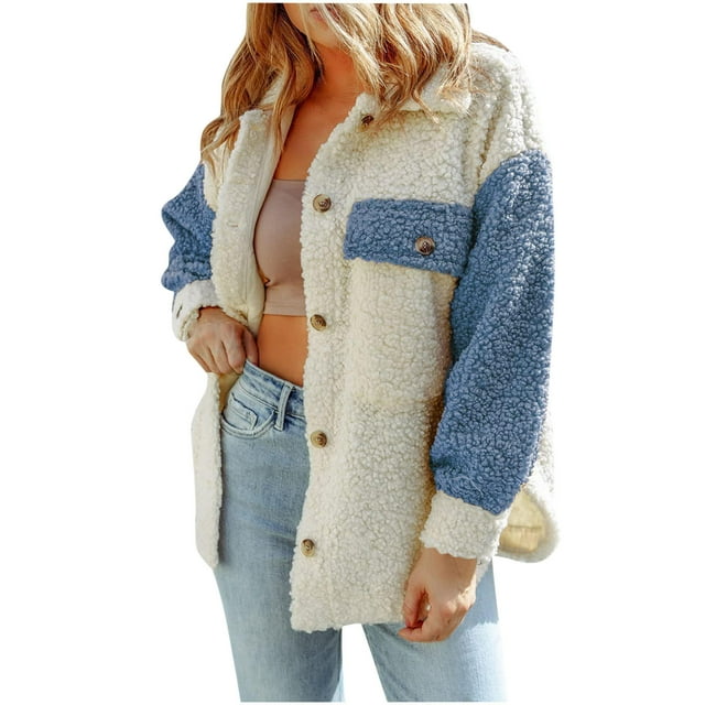 BLVB Women's Fall Winter Cozy Fuzzy Fleece Jacket Button Down Collared ...